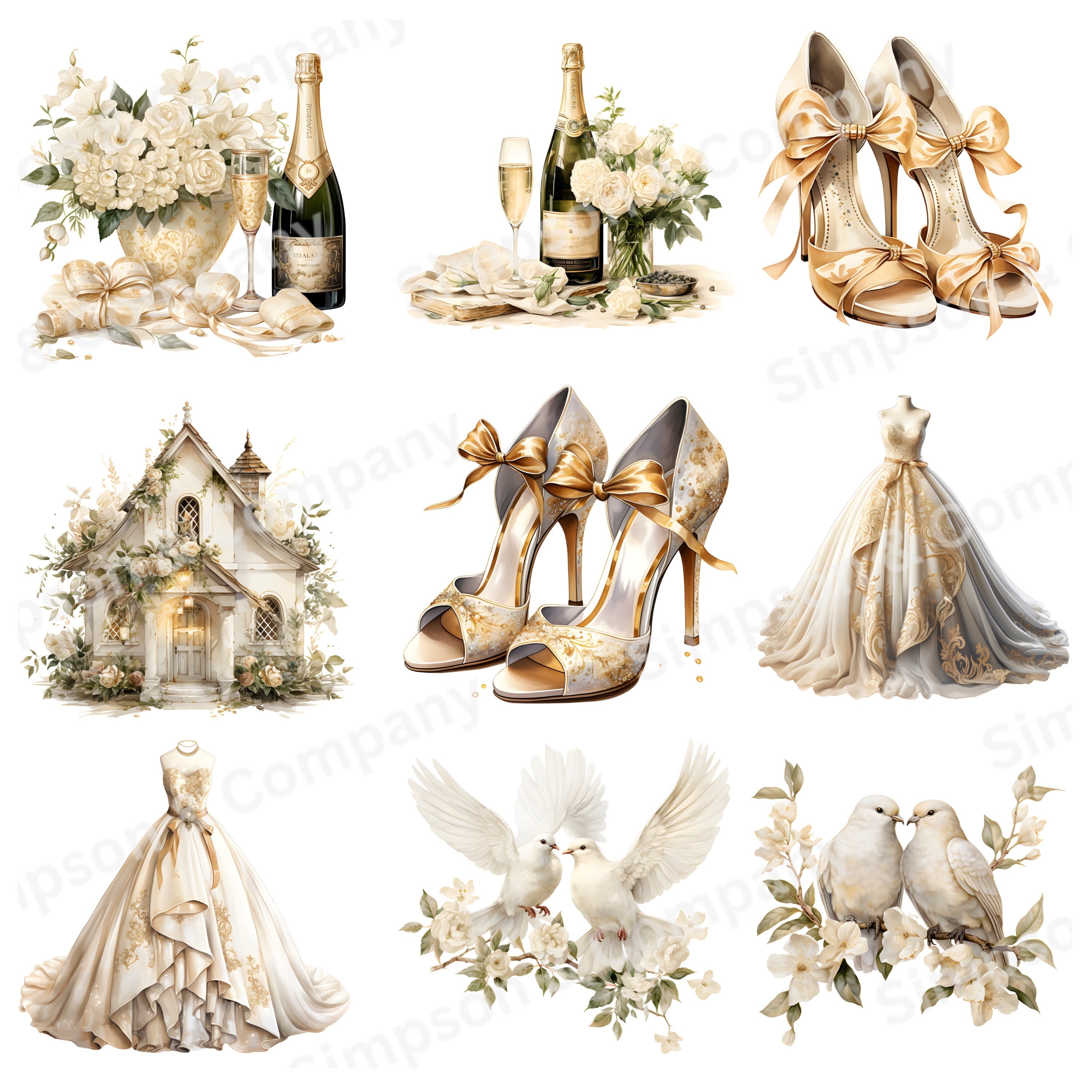 35 PNG Watercolor Ivory & Gold Wedding Clipart, Wedding Graphics ...