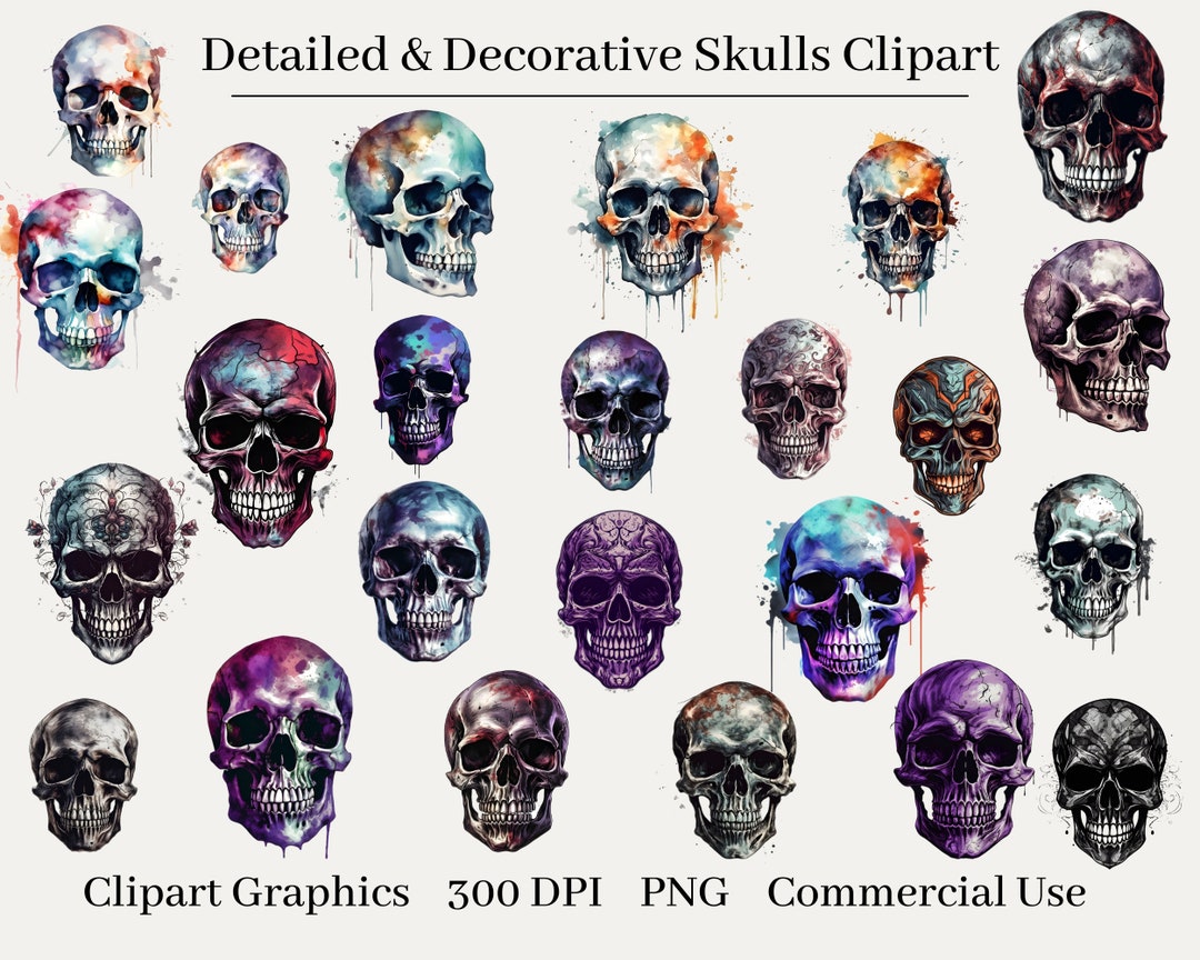 24 PNG Detailed & Decorative Skulls Clipart, Halloween Clipart, Instant ...