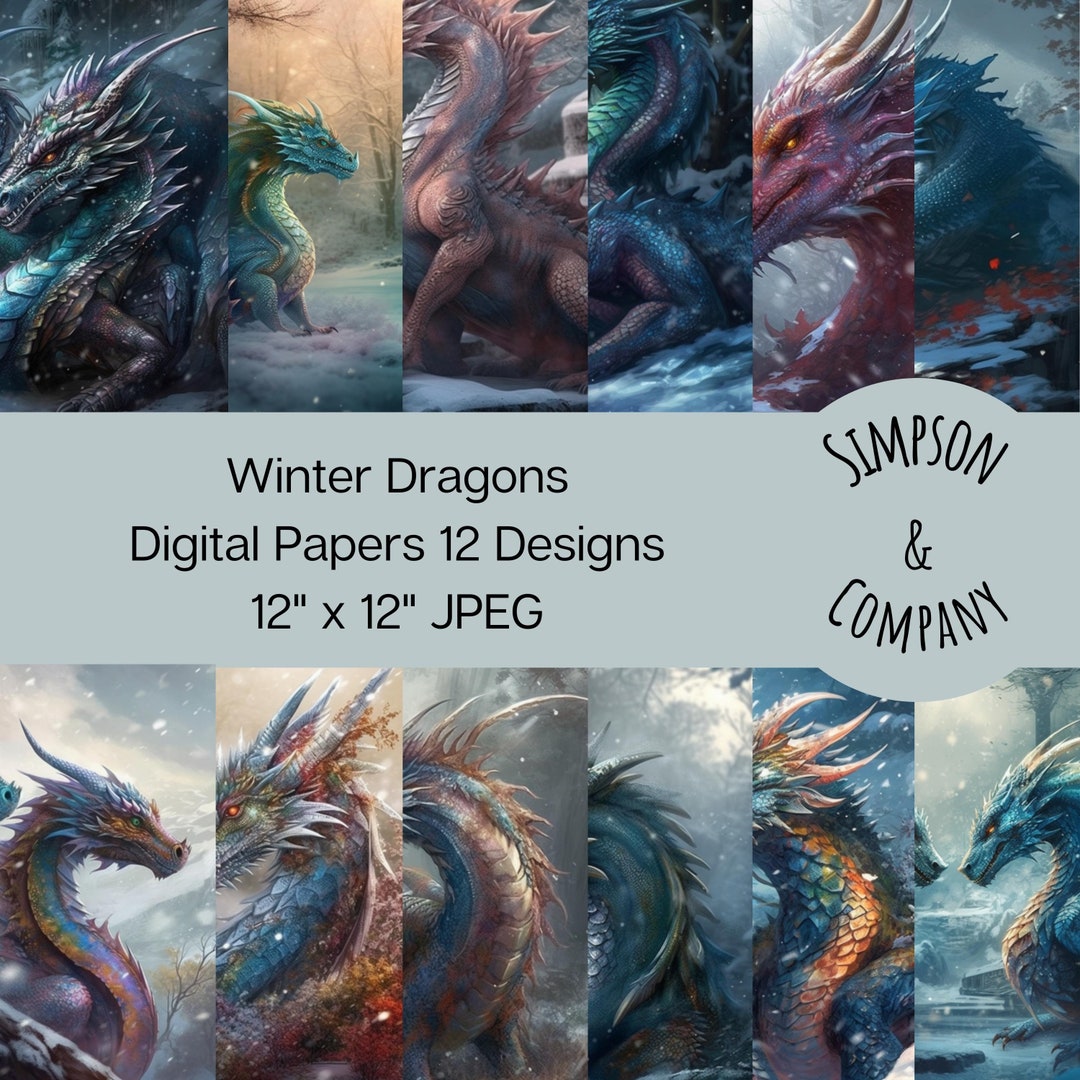 12 Winter Fantasy Dragons Digital Papers, JPEG, 12 X 12, Scrapbook ...