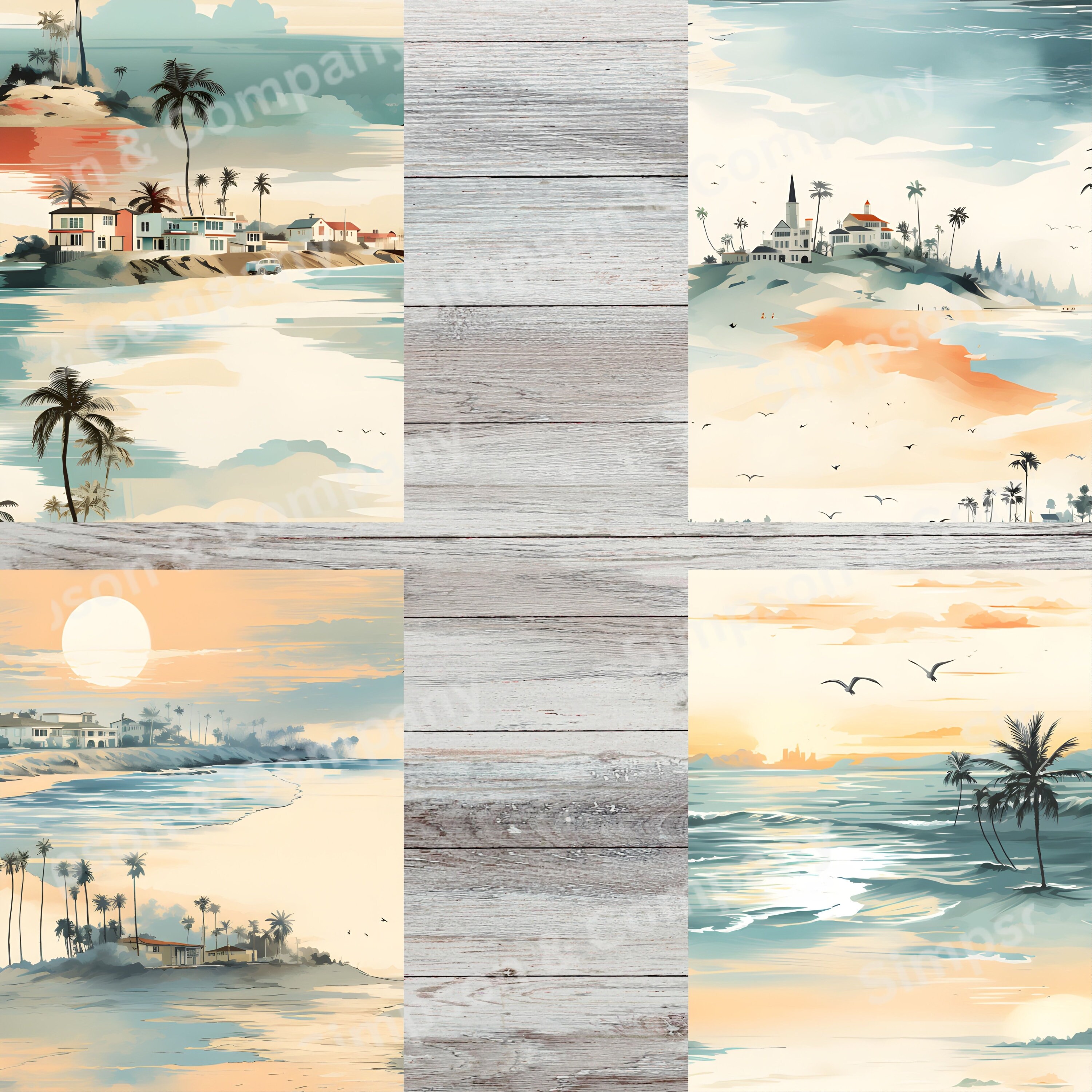 20 Watercolor Coastal Landscapes Journal Paper, Digital Paper JPEG, 8.5 ...