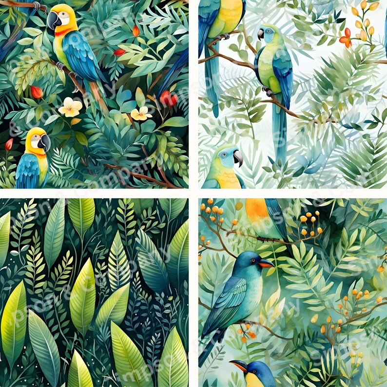 20 Tropical Birds & Leaves Seamless Digital Paper, JPEG, 12 X 12, Scrapbook Paper, Junk Journal ...