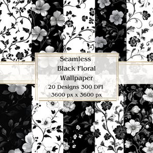 20 Black Floral Wallpaper Seamless Digital Paper, JPEG, 12 X 12, Scrapbook Paper, Junk Journal ...