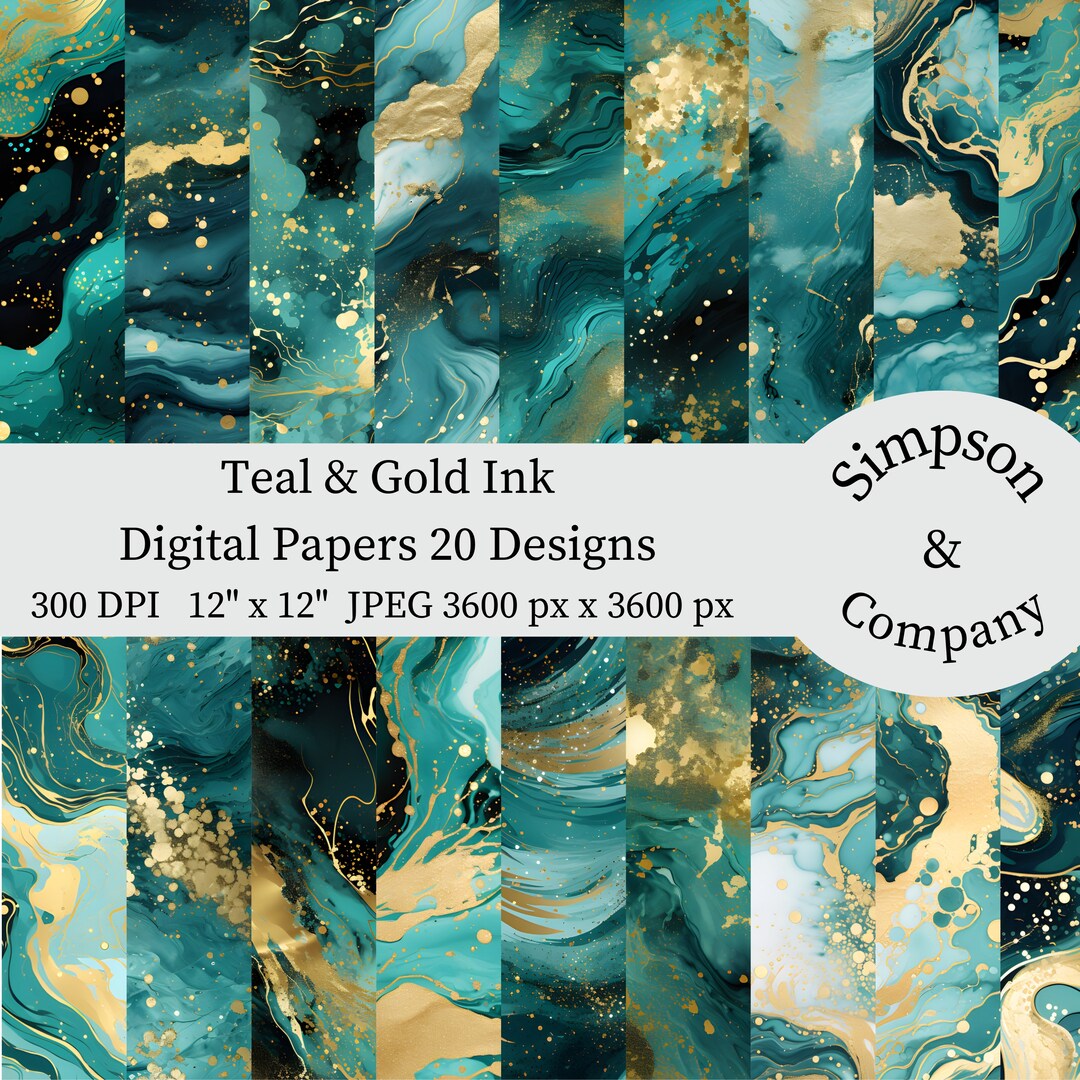 20 Teal & Gold Ink Digital Paper, JPEG, 12" X 12", Scrapbook Paper ...