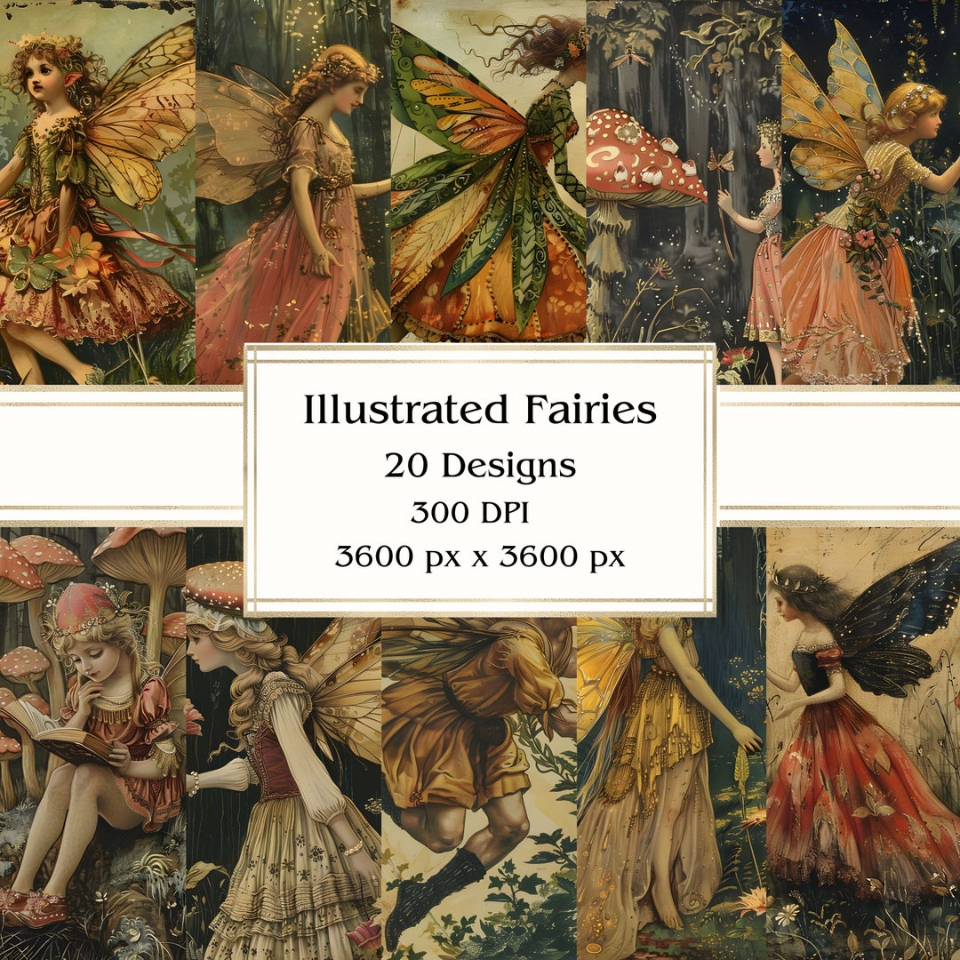 20 Illustrated Fairies Scrapbook Paper, Digital Paper JPEG, 12" X 12 ...