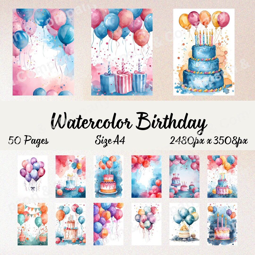 50 Watercolor Birthday Digital Paper, JPEG, Size A4 Paper Scrapbook ...