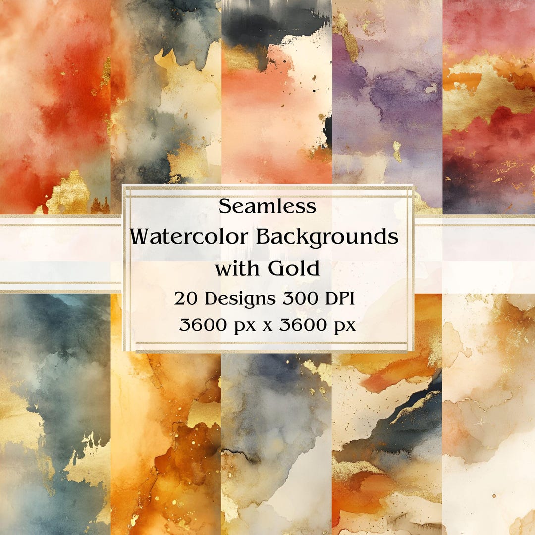 20 Watercolor Backgrounds With Gold Seamless Digital Paper, JPEG, 12" X ...