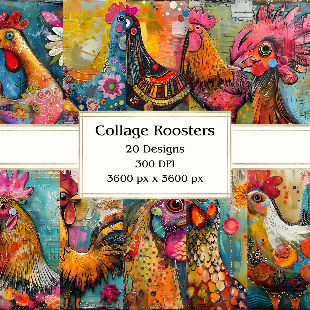 20 Collage Roosters Digital Paper, JPEG, 12 X 12, Scrapbook Paper, Junk ...