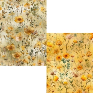 12 Watercolor Florals in Yellow Digital Papers, JPEG, 12" X 12 ...