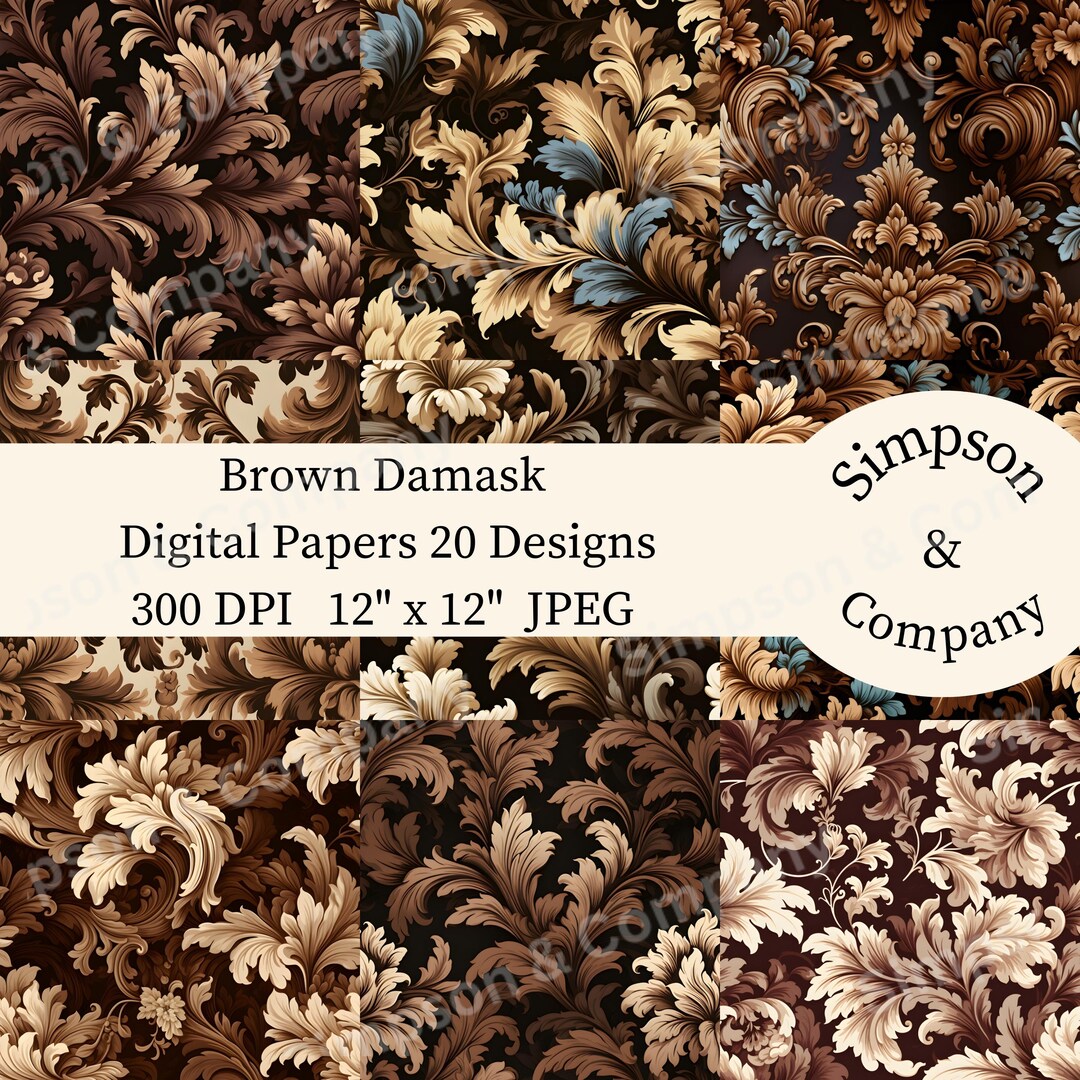 20 Brown Damask Digital Paper, Victorian Digital Paper Pack, JPEG, 12 X ...