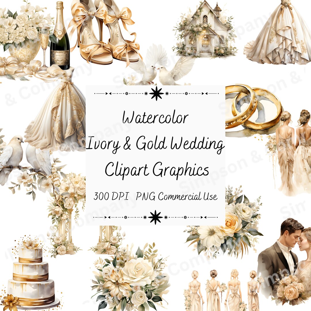 35 PNG Watercolor Ivory & Gold Wedding Clipart, Wedding Graphics ...