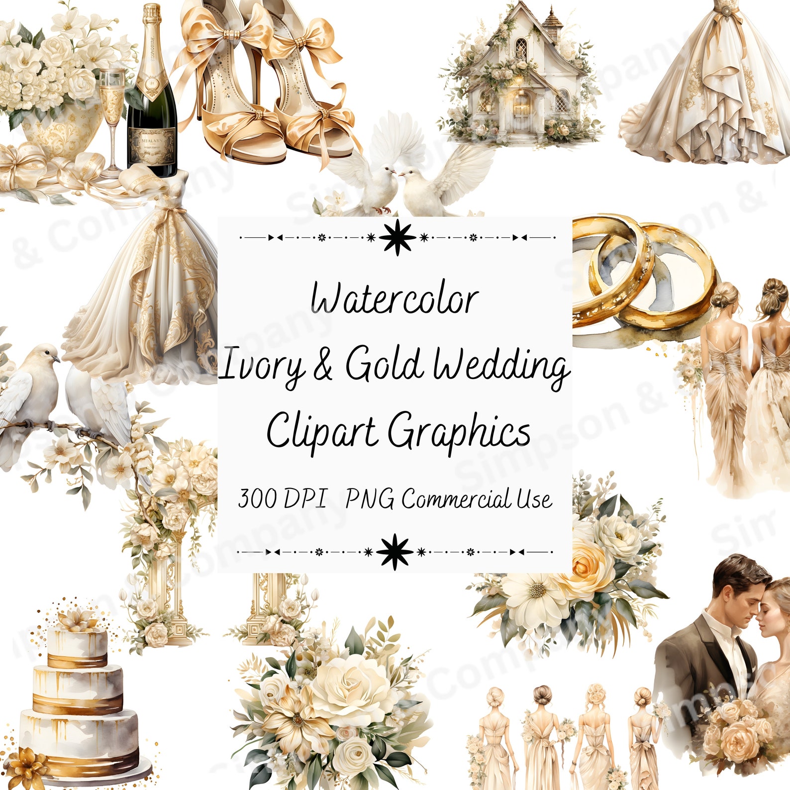 35 PNG Watercolor Ivory & Gold Wedding Clipart, Wedding Graphics ...
