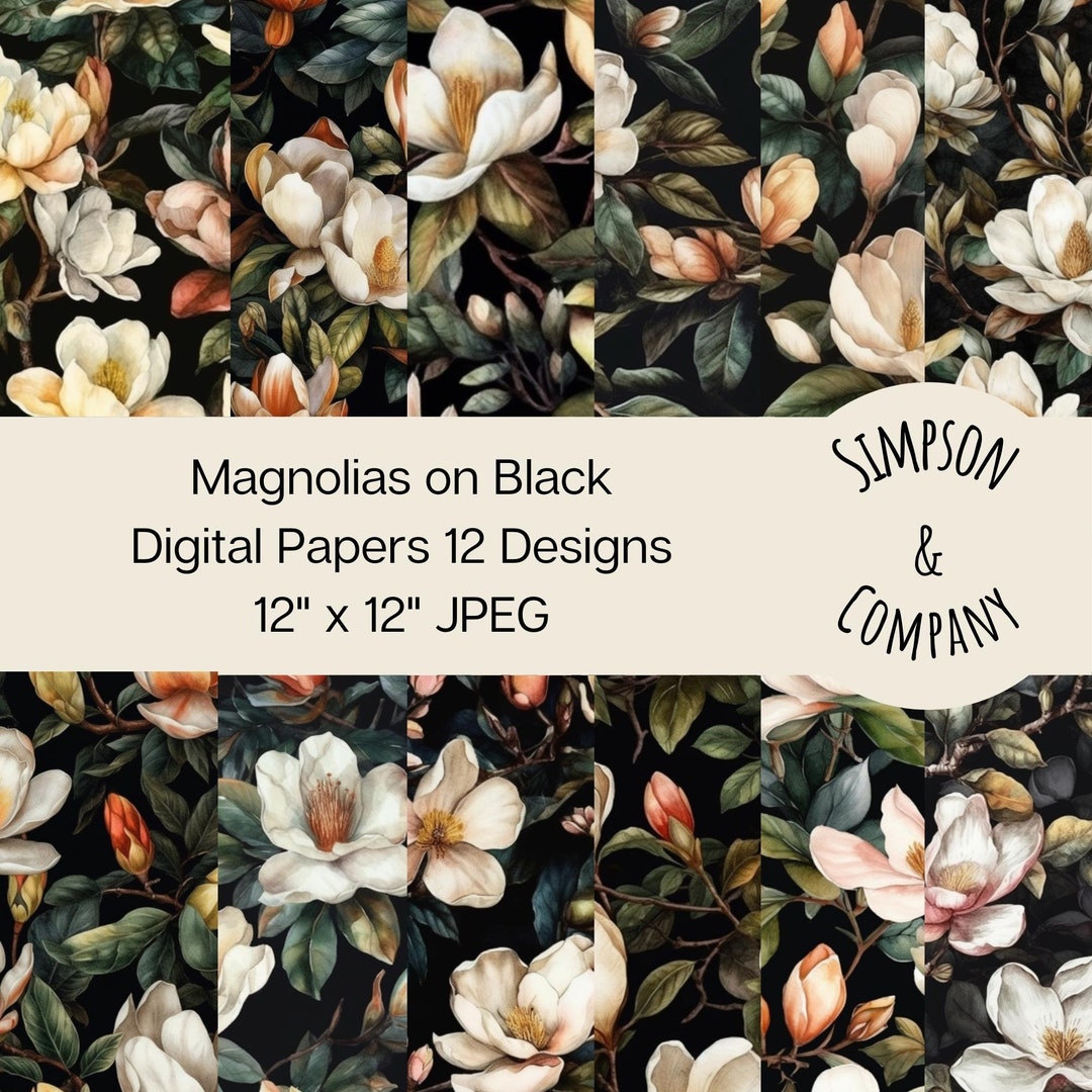12 Watercolor Magnolias on Black Digital Papers, JPEG, 12 X 12, Scrapbook Paper, Junk Journal ...