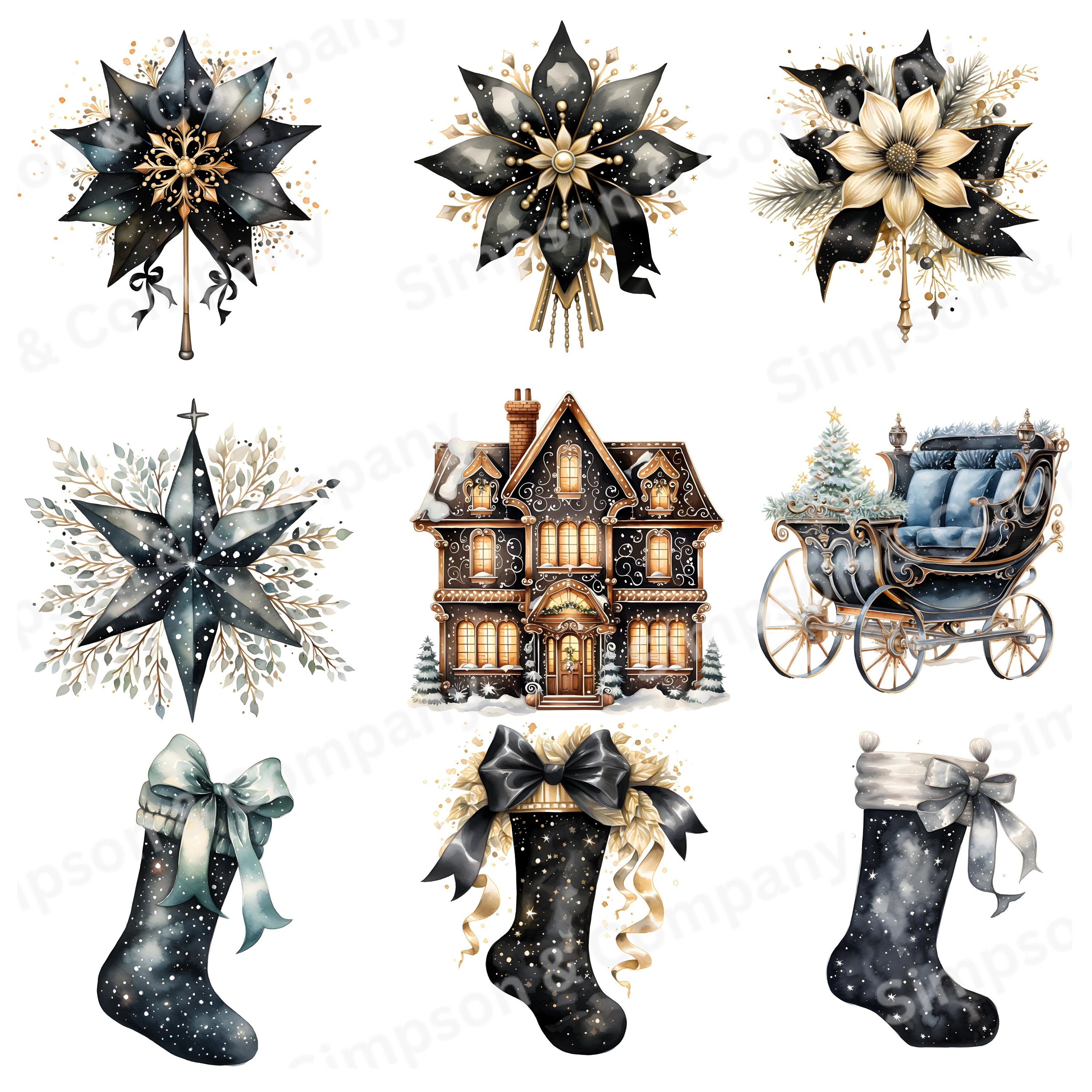 35 PNG Watercolor Black Christmas Clip Art, Christmas Clip Art, Instant ...
