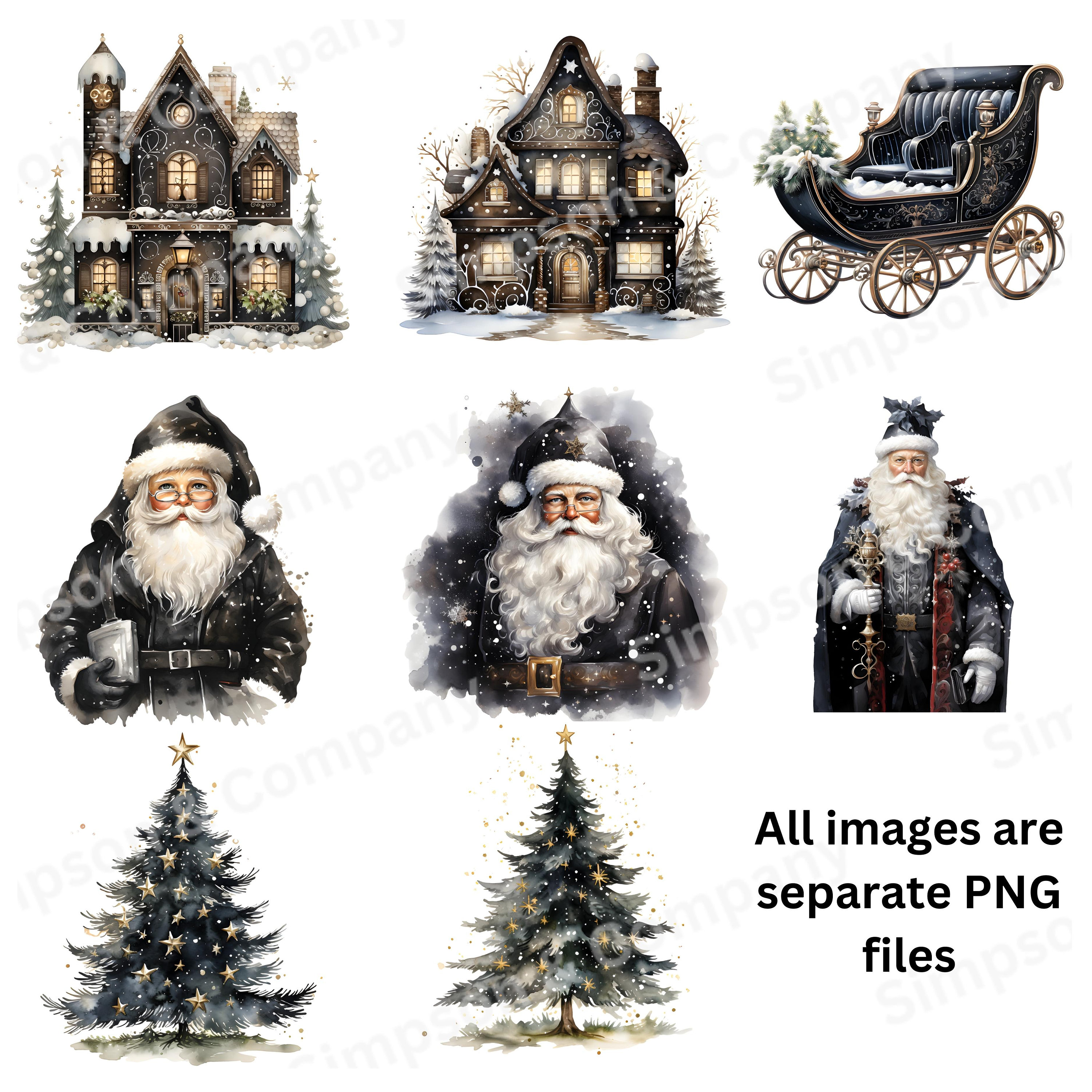 35 PNG Watercolor Black Christmas Clip Art, Christmas Clip Art, Instant ...