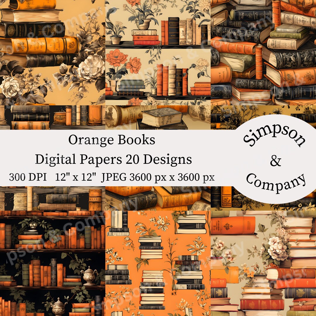 20 Orange Books Digital Paper, Digital Paper Pack, JPEG, 12 X 12 ...