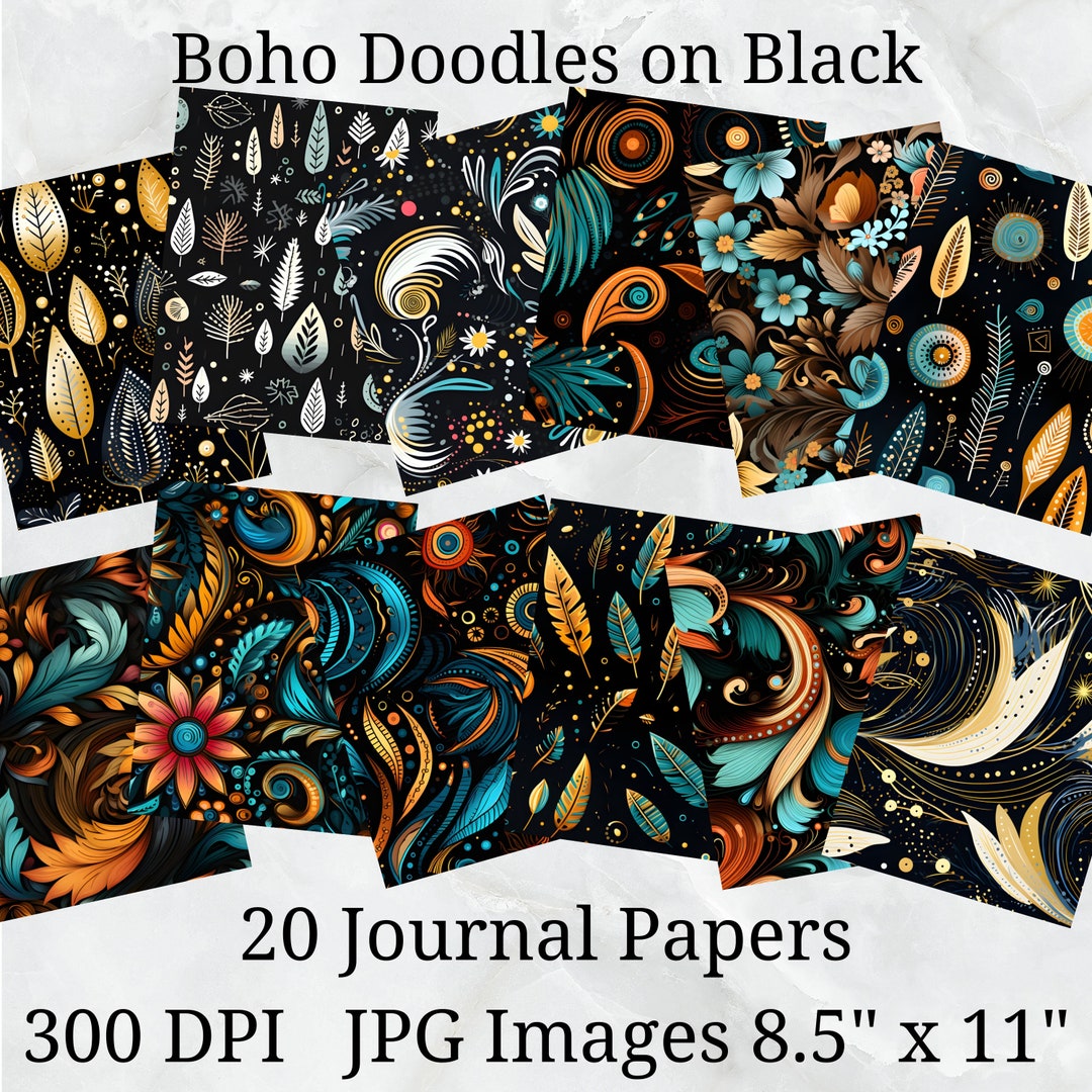20 Boho Doodles on Black Journal Paper, Digital Paper JPEG, 8.5 X 11 ...