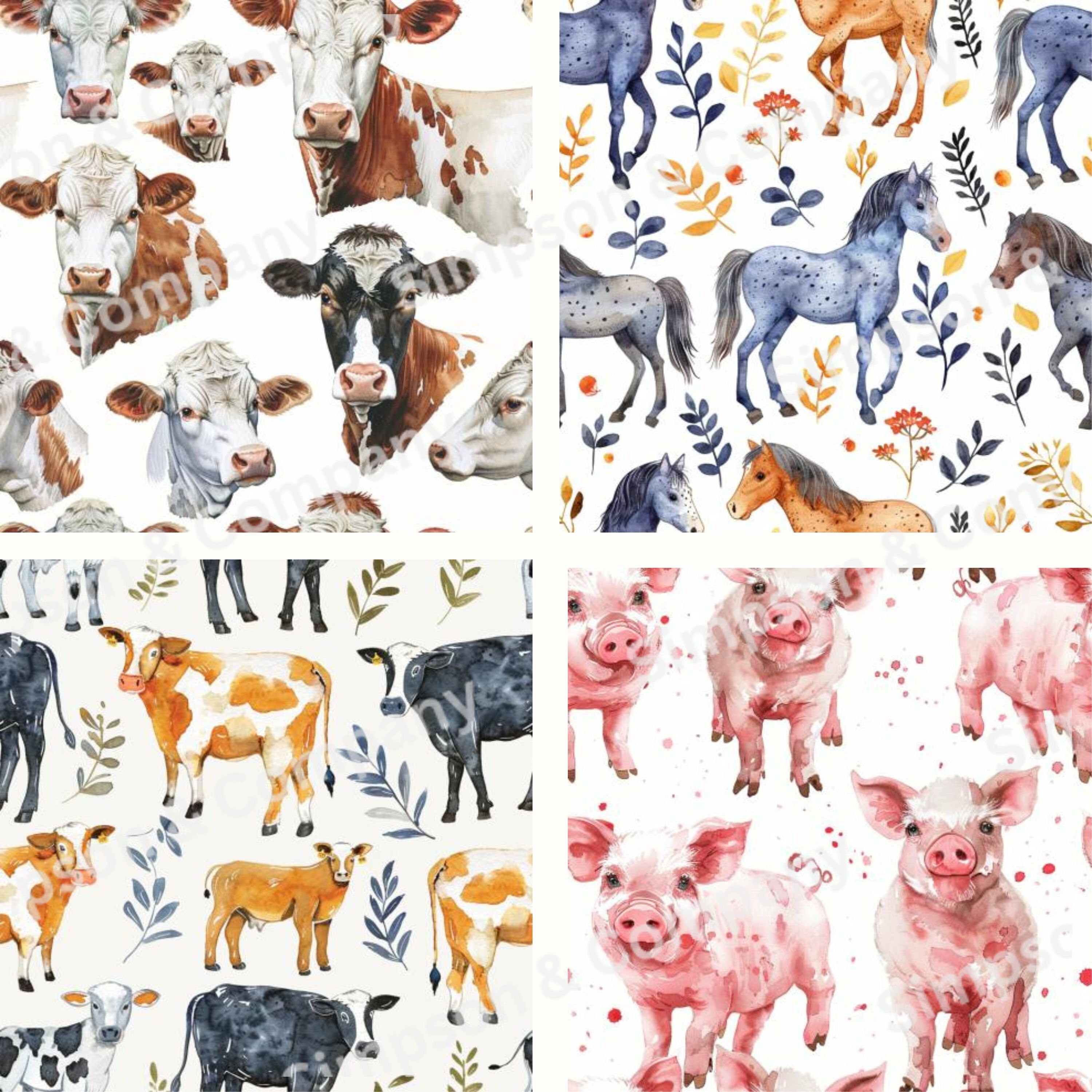 20 Farm Animals Seamless Digital Paper, JPEG, 12 X 12, Scrapbook Paper ...