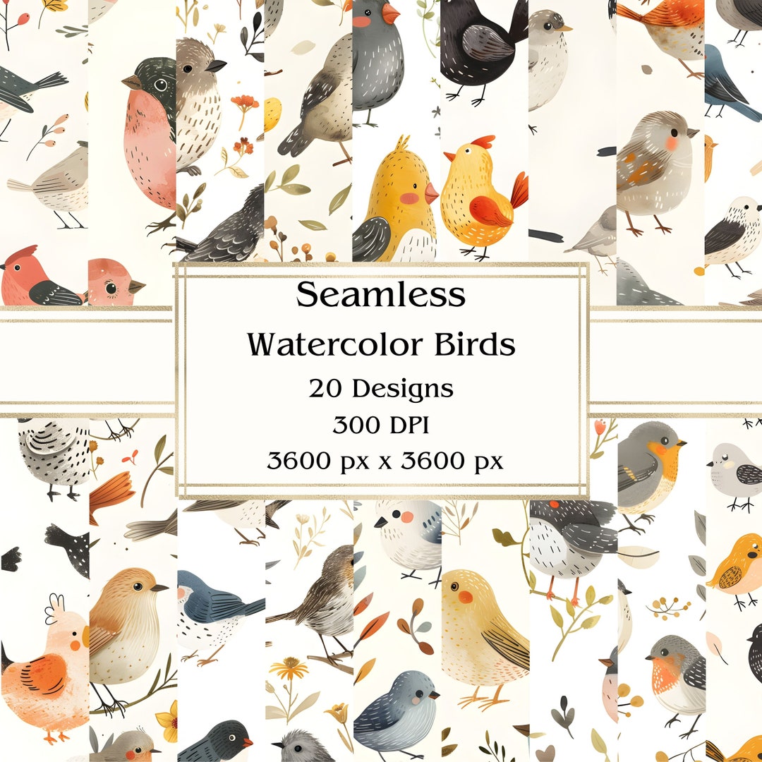 20 Watercolor Birds Seamless Digital Paper, JPEG, 12" X 12", Scrapbook ...