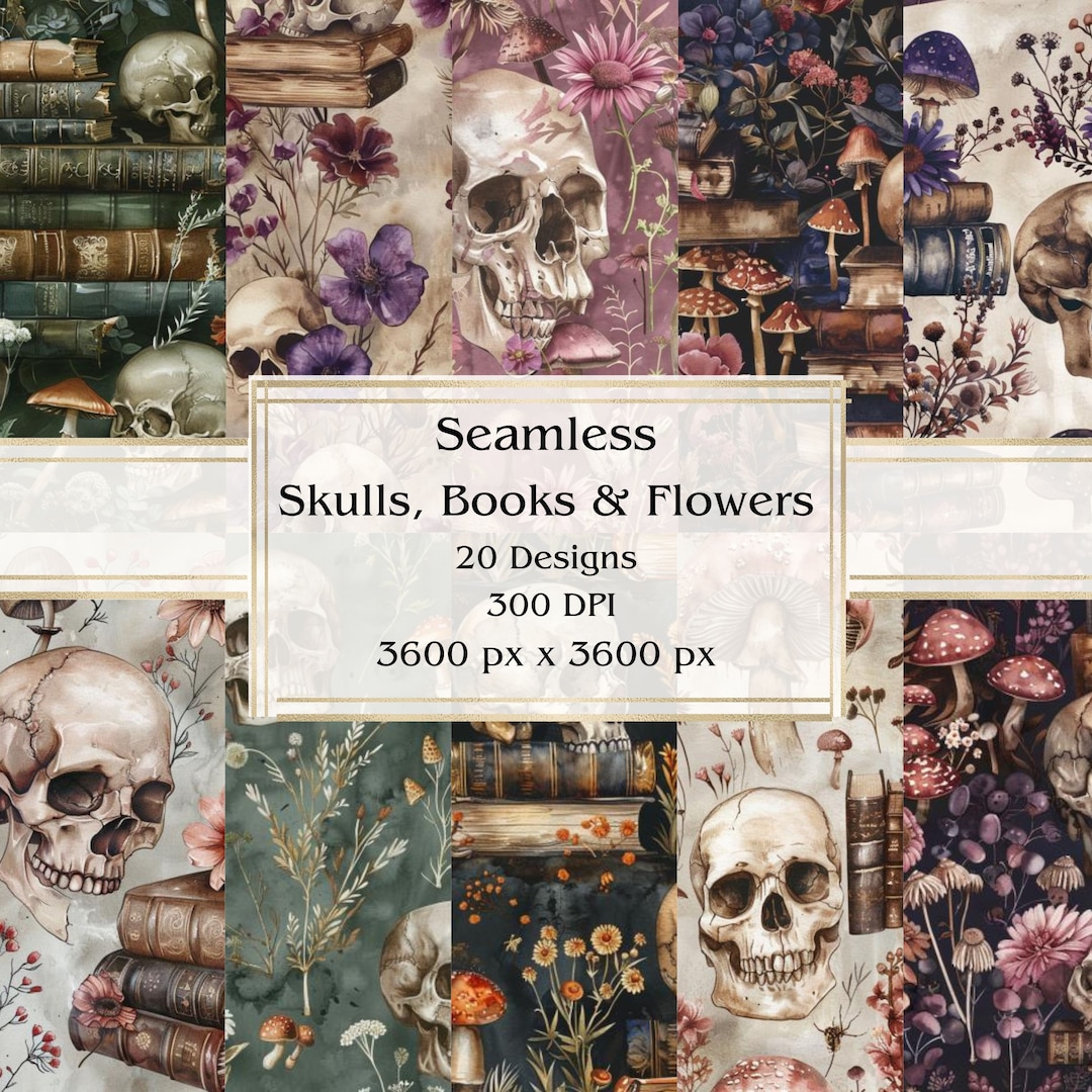 20 Skulls, Books & Flowers Seamless Digital Paper, JPEG, 12" X 12 ...