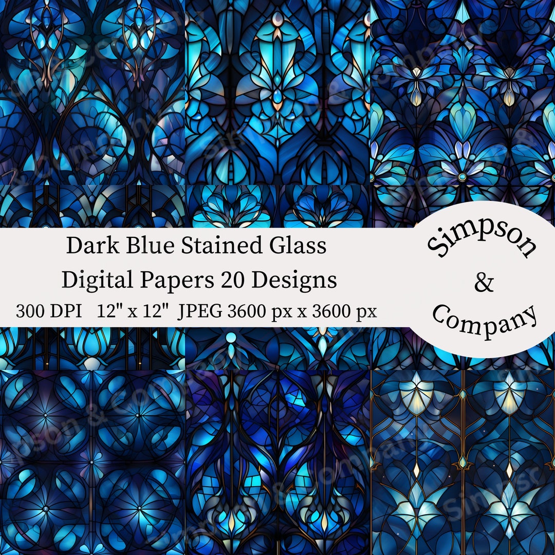 20 Dark Blue Stained Glass Digital Papers, JPEG, 12" X 12", Scrapbook ...