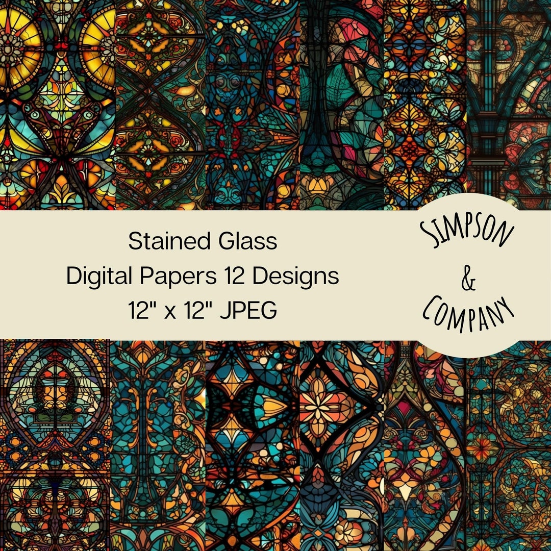 12 Stained Glass Digital Papers, JPEG, 12" X 12", Scrapbook Paper, Junk ...