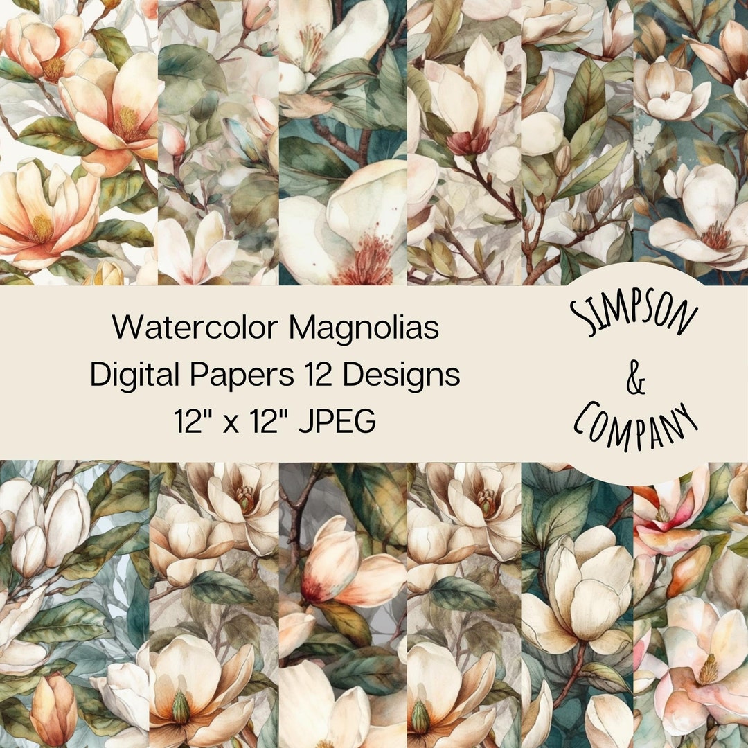 12 Watercolor Magnolias Digital Papers, JPEG, 12" X 12", Scrapbook Paper, Junk Journal, Paper ...