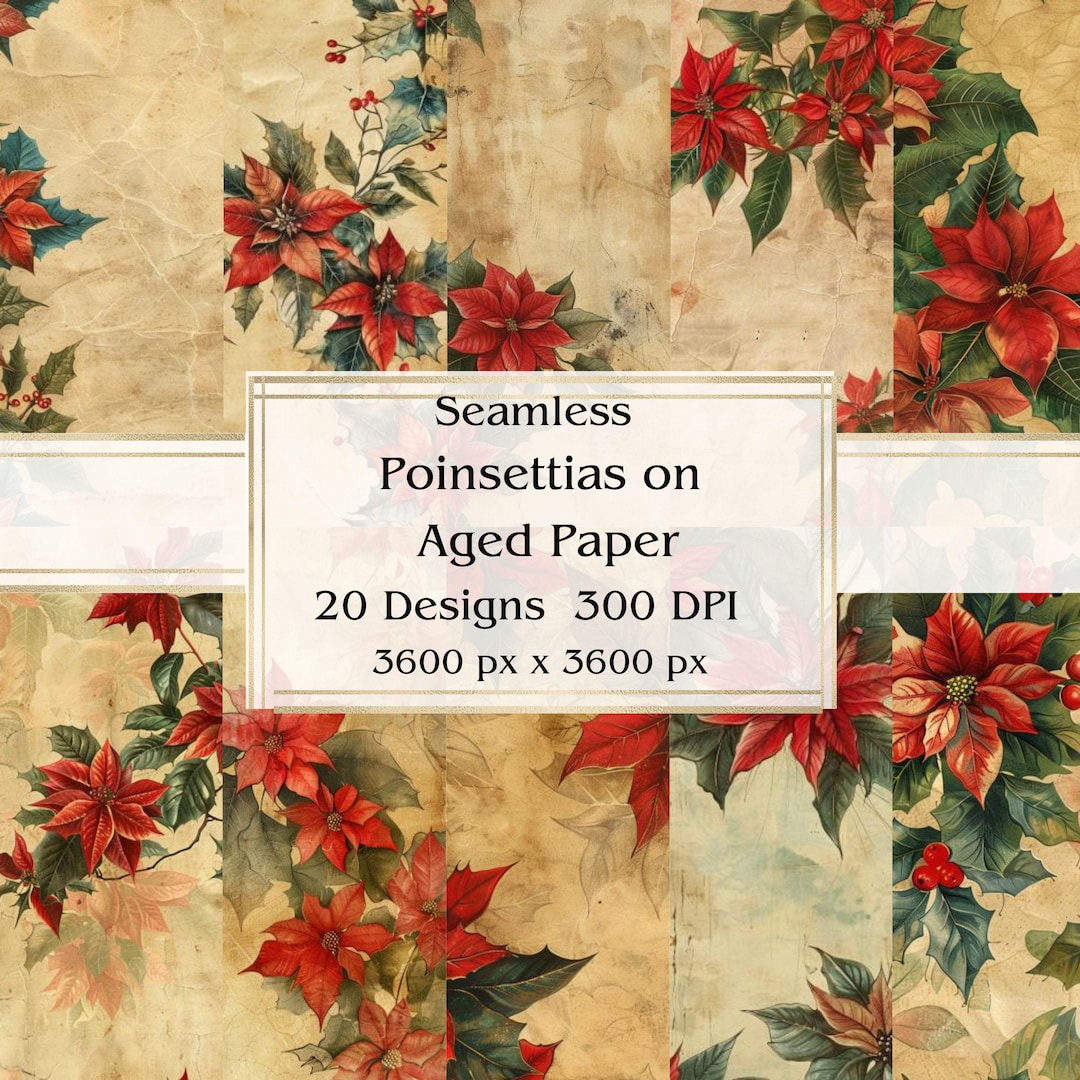 20 Poinsettias on Aged Paper Seamless Digital Paper, JPEG, 12" X 12 ...