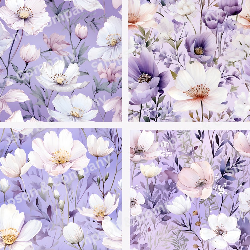 20 Watercolor Wildflowers Purple Digital Paper, JPEG, 12 X 12, Scrapbook Paper, Junk Journal ...