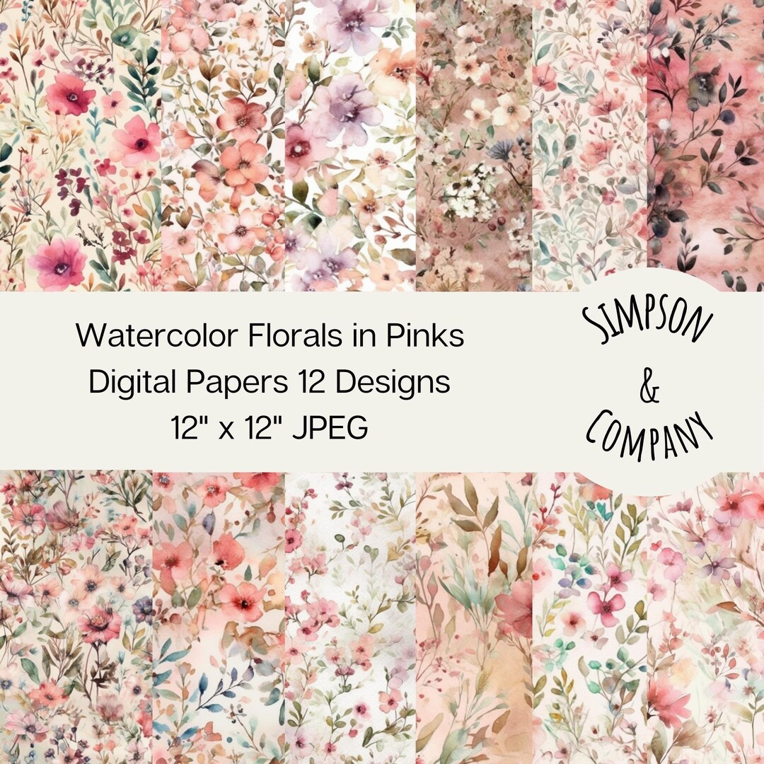 12 Watercolor Florals in Pinks Digital Papers, JPEG, 12 X 12, Scrapbook ...