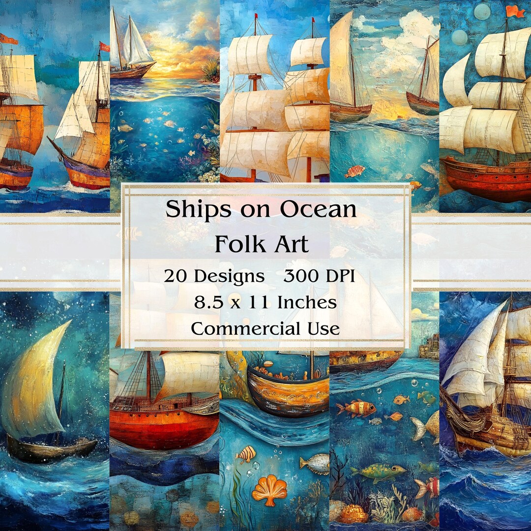 20 Ships on the Ocean Folk Art Journal Paper, Digital Paper JPEG, 8.5 ...