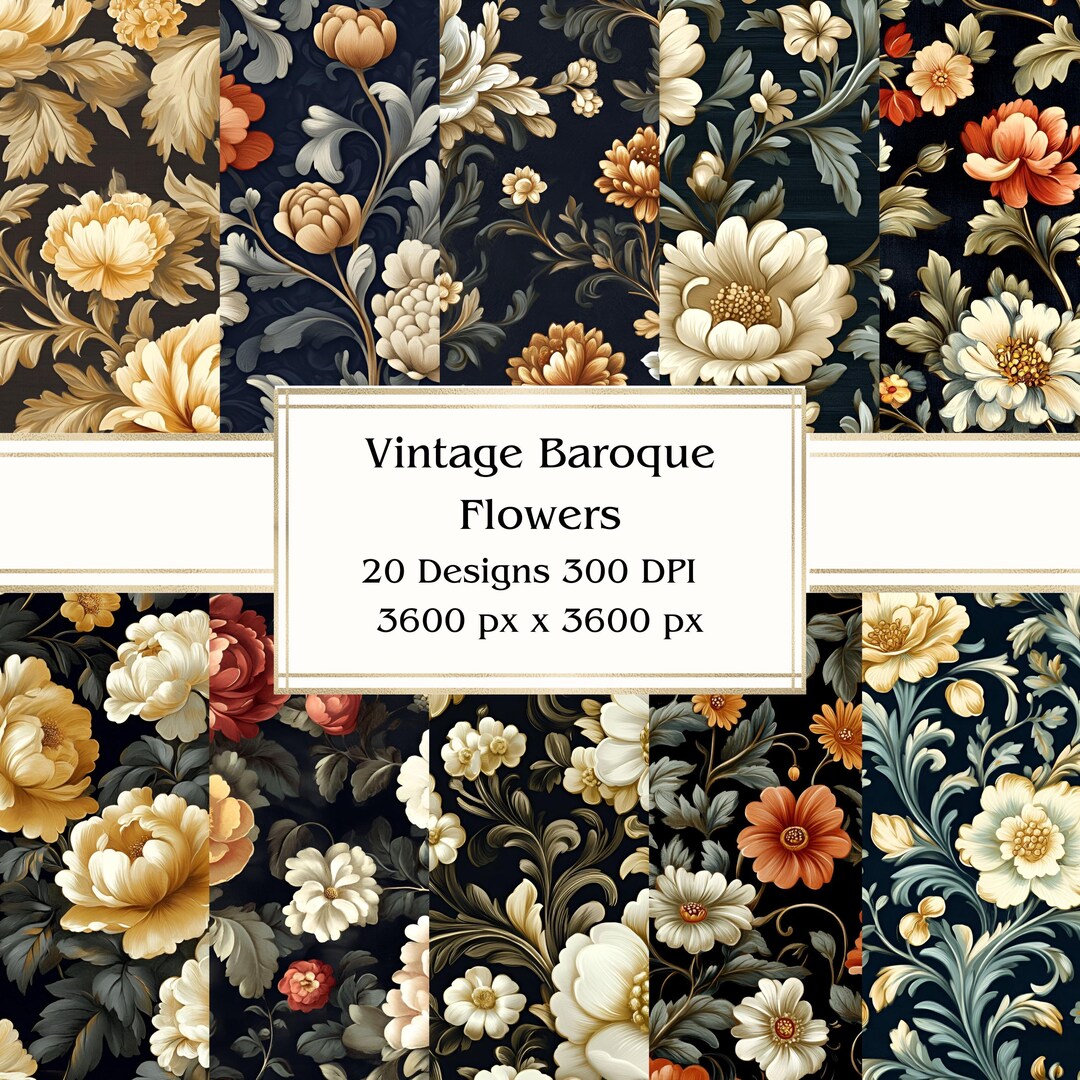 20 Vintage Baroque Flowers Digital Paper, JPEG, 12" X 12", Scrapbook ...