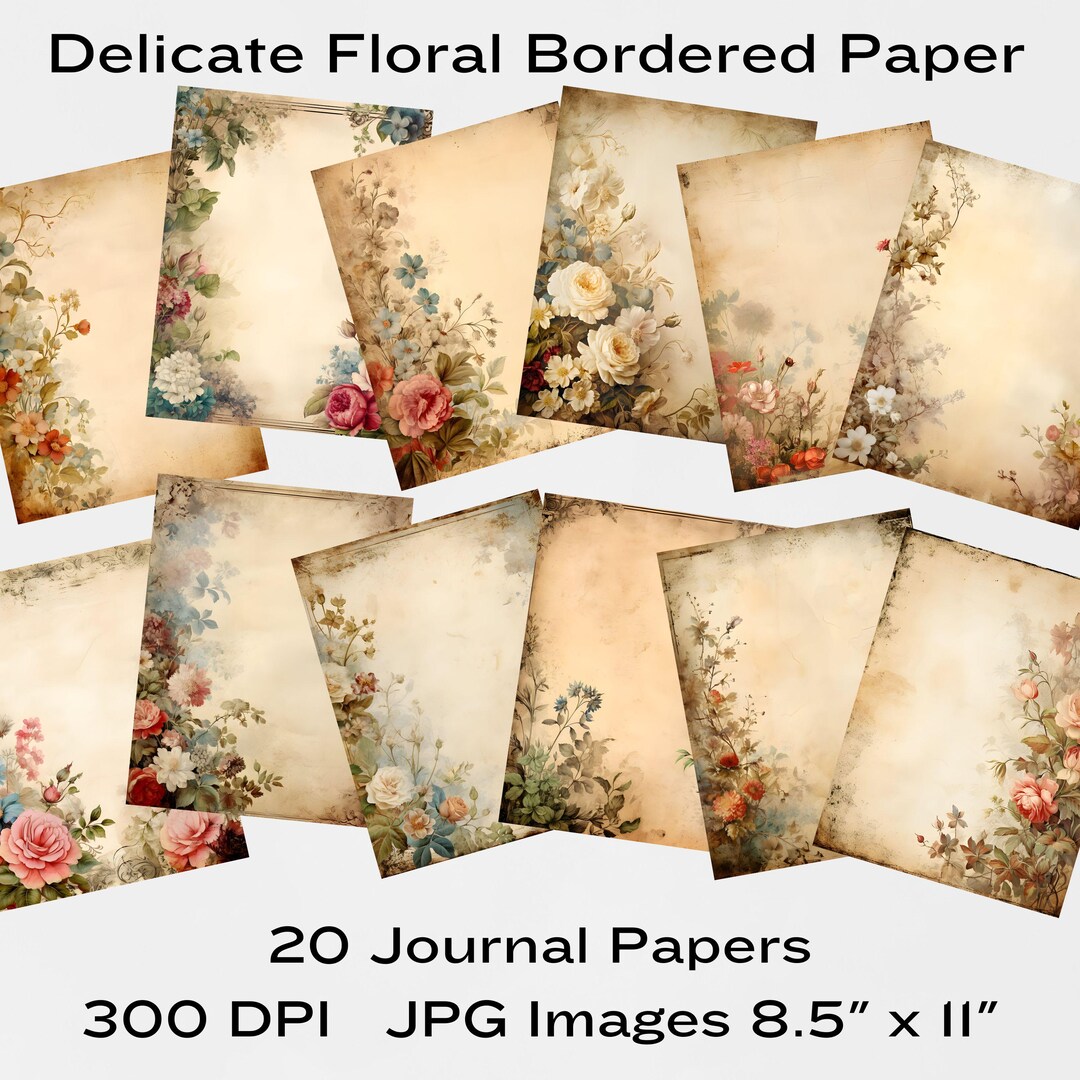 20 Delicate Floral Bordered Aged Journal Paper, Digital Paper JPEG, 8.5 ...