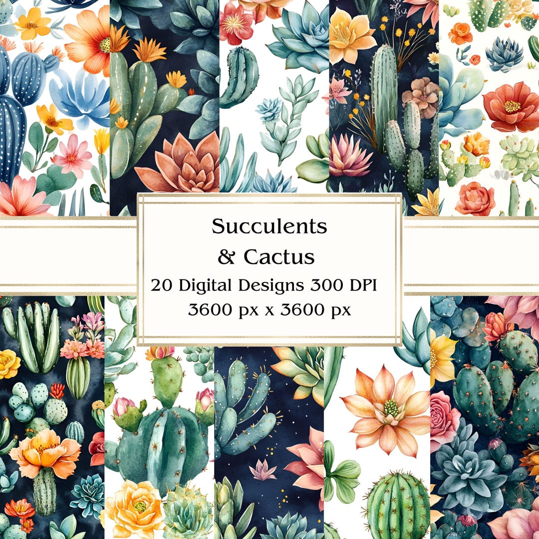 20 Succulents & Cactus Digital Paper, JPEG, 12" X 12", Scrapbook Paper ...