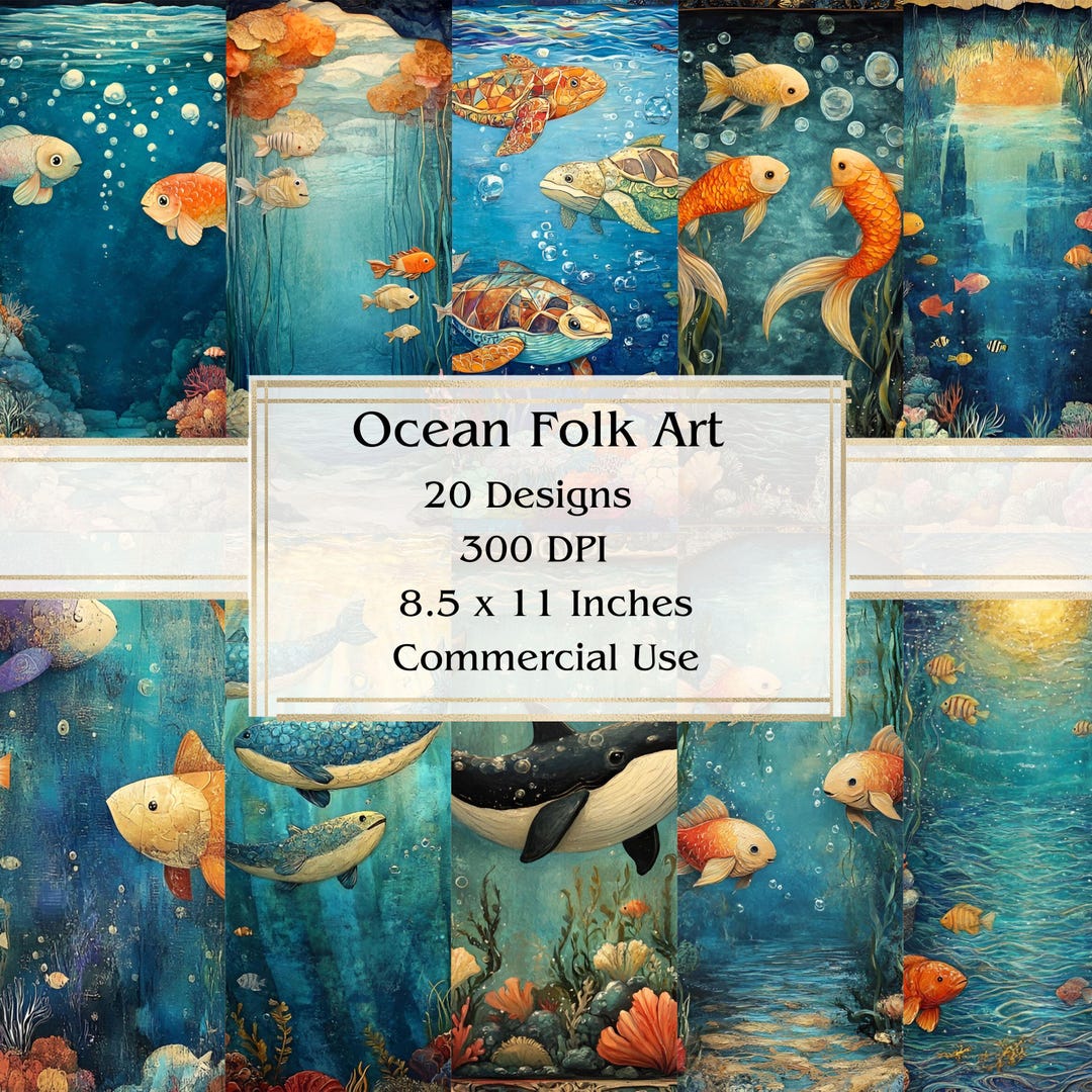 20 Ocean Folk Art Journal Paper, Digital Paper JPEG, 8.5" X 11 ...