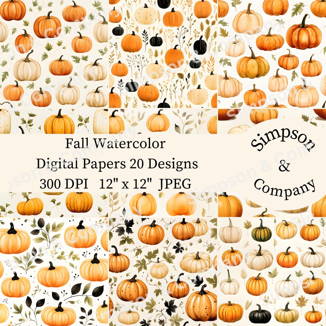 20 Watercolor Pumpkins Digital Paper, JPEG, 12 X 12, Scrapbook Paper ...