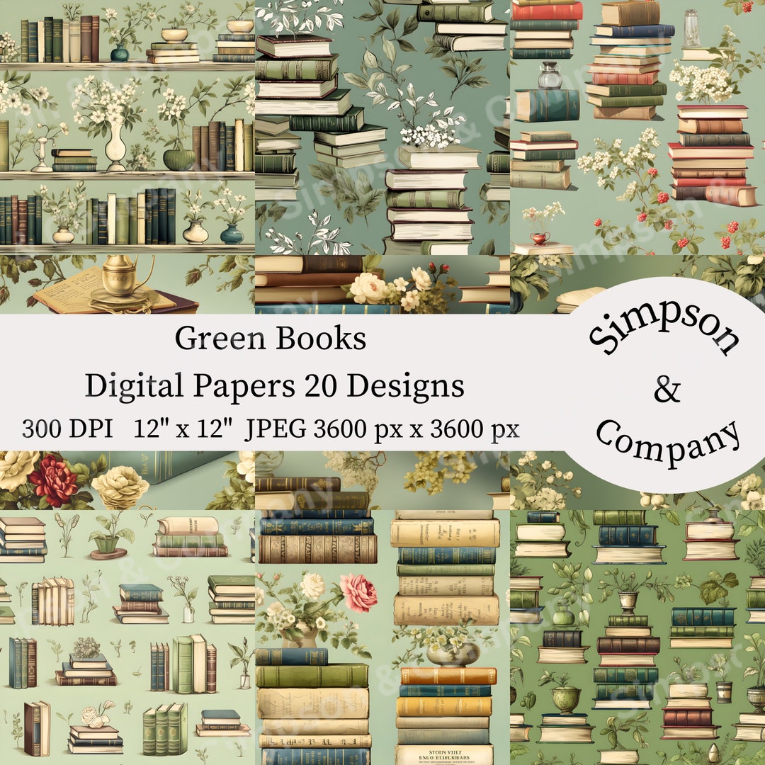 20 Green Books Digital Paper, Digital Paper Pack, JPEG, 12" X 12 ...