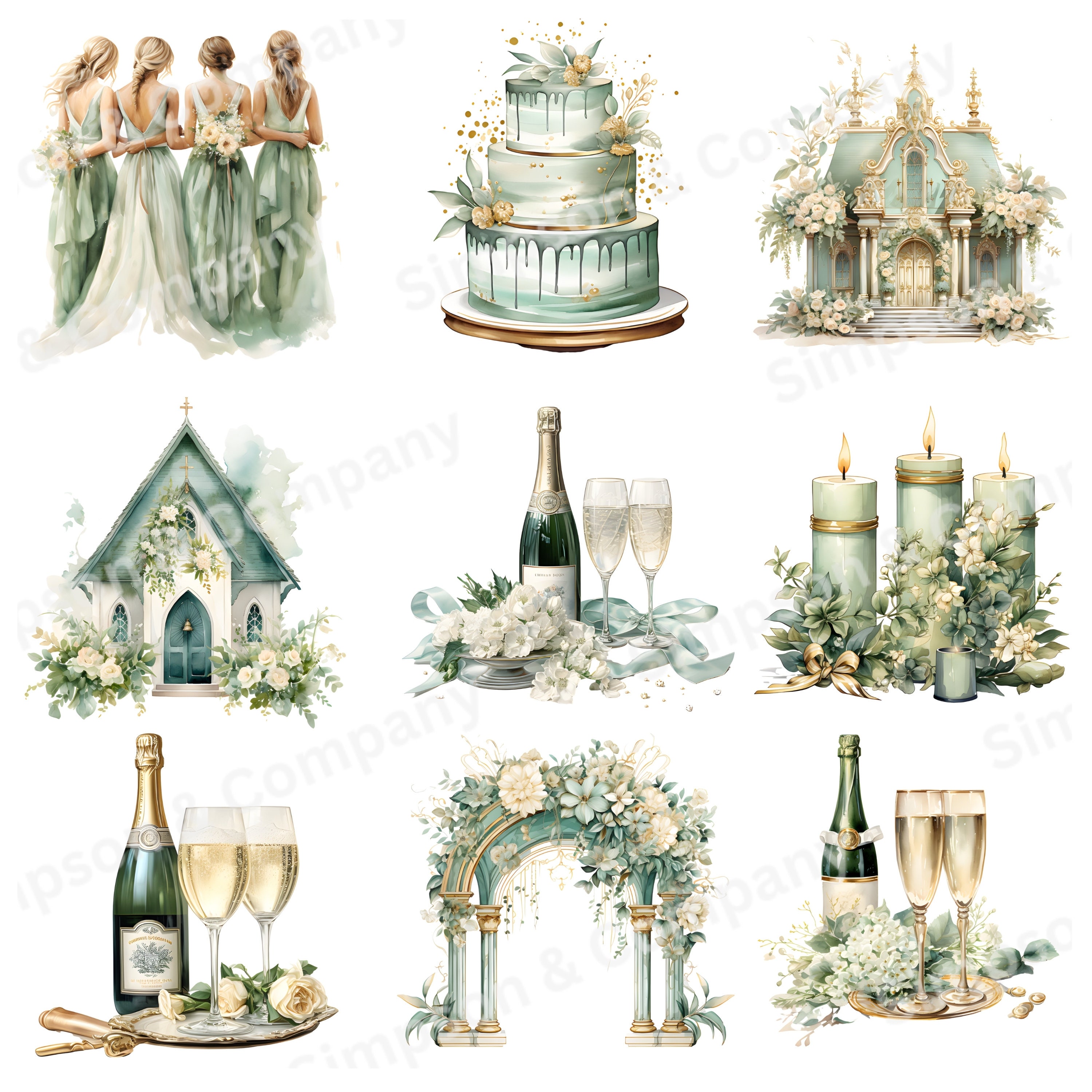 35 PNG Watercolor Green & Gold Wedding Clipart, Wedding Graphics ...