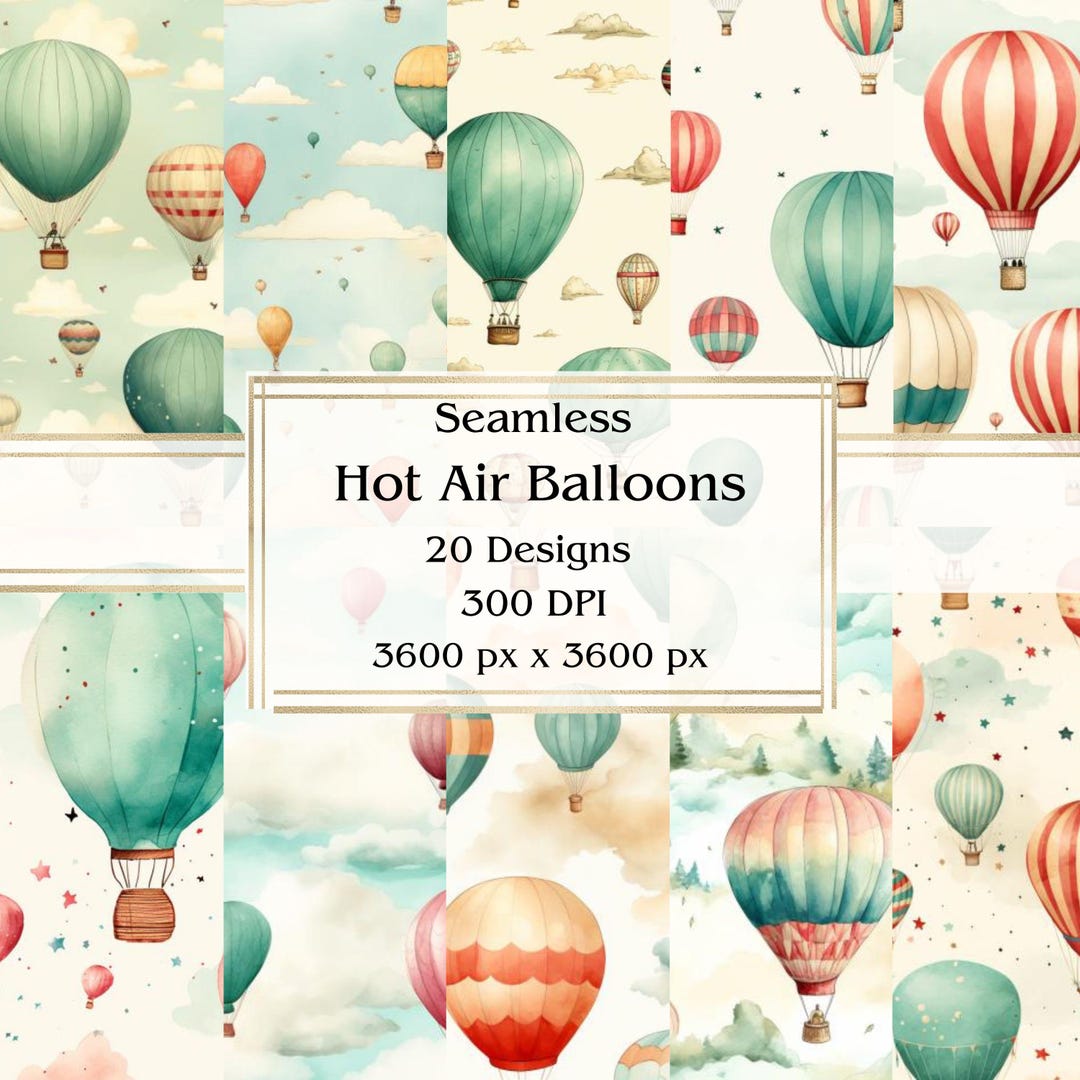 20 Hot Air Balloons Seamless Digital Paper, JPEG, 12" X 12", Scrapbook ...