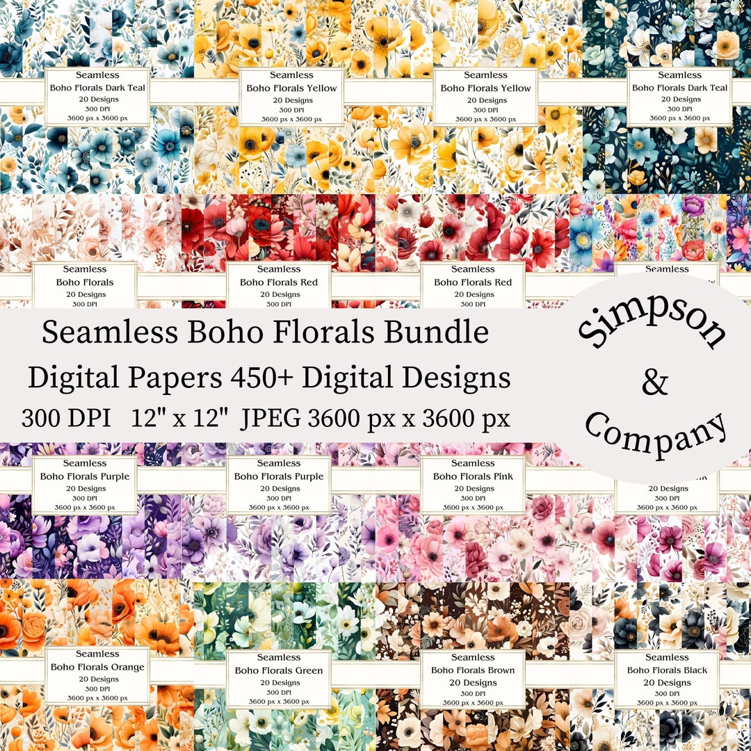 Seamless Boho Florals Bundle Digital Paper, 450+ Designs, JPEG, 12" X ...