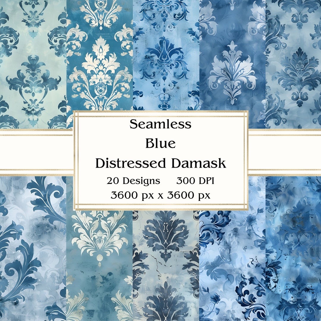 20 Blue Distressed Damask Seamless Digital Paper, JPEG, 12" X 12 ...