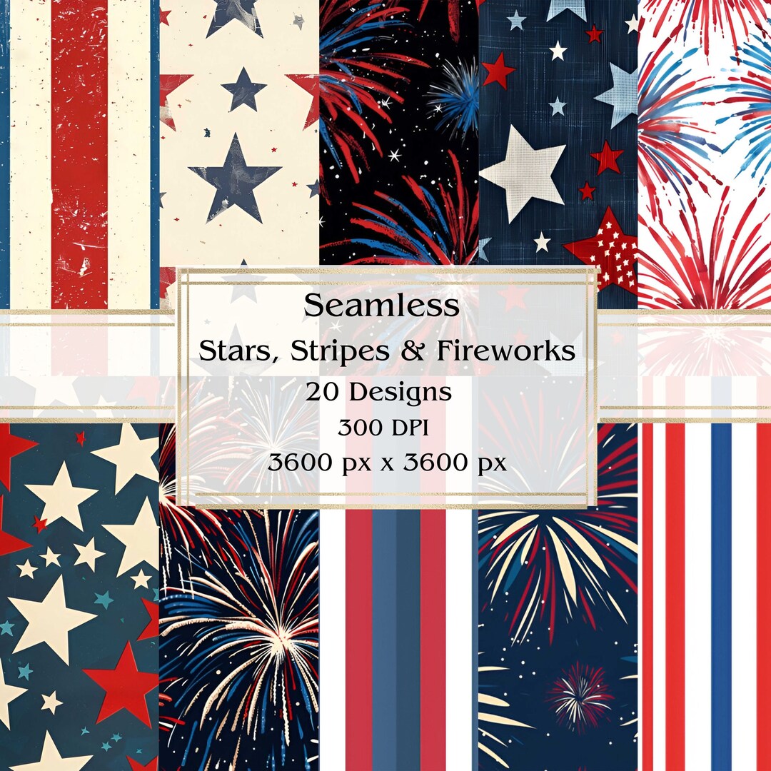 20 Stars, Stripes & Fireworks Seamless Digital Paper, JPEG, 12" X 12 ...