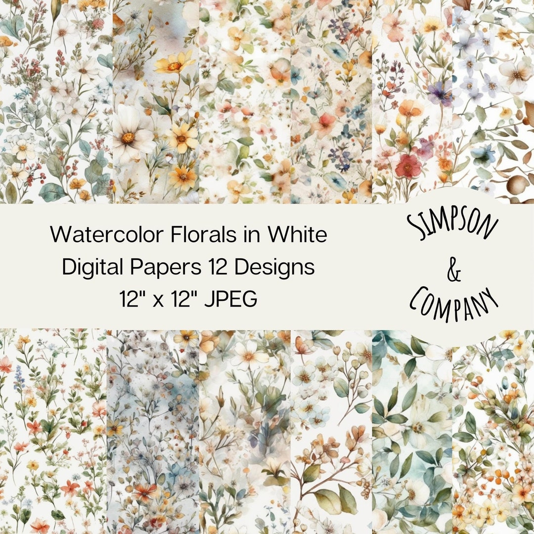 12 Watercolor Florals in White Digital Papers, JPEG, 12" X 12 ...