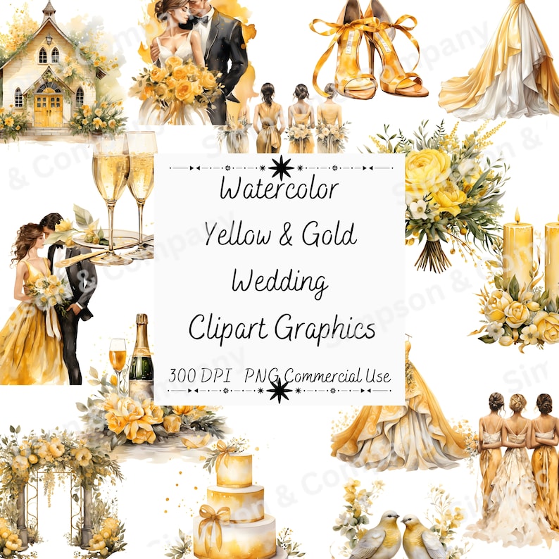35 PNG Watercolor Yellow & Gold Wedding Clipart, Wedding Graphics ...