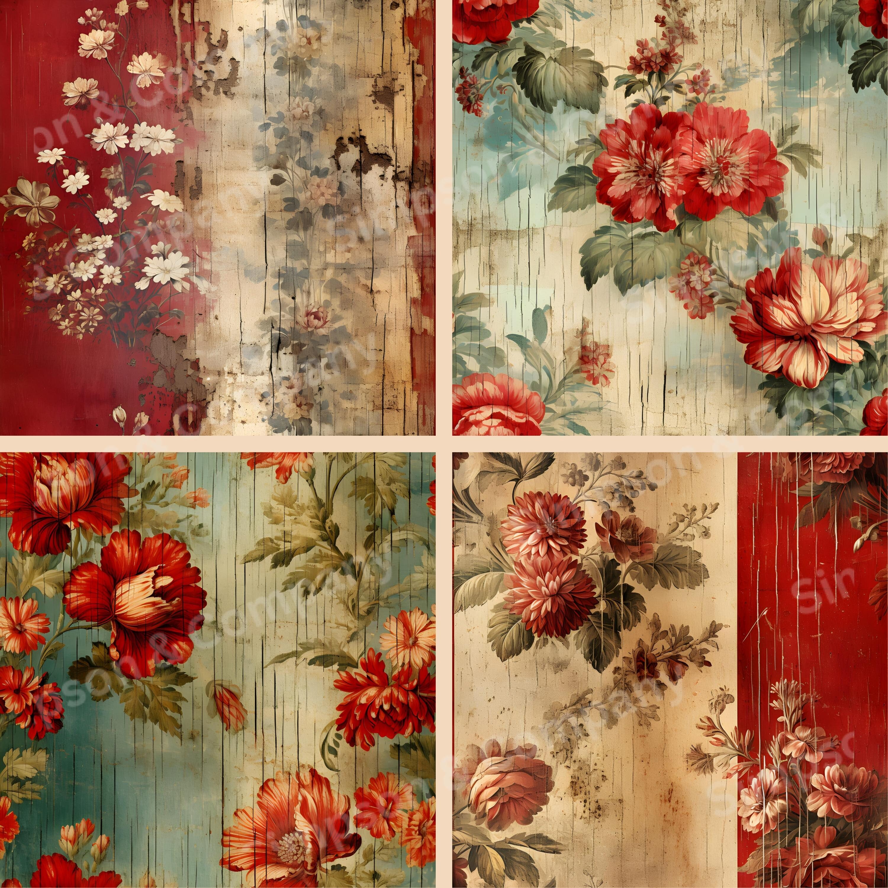 20 Red Aged Victorian Wallpaper Digital Paper, JPEG, 12 X 12, Scrapbook ...