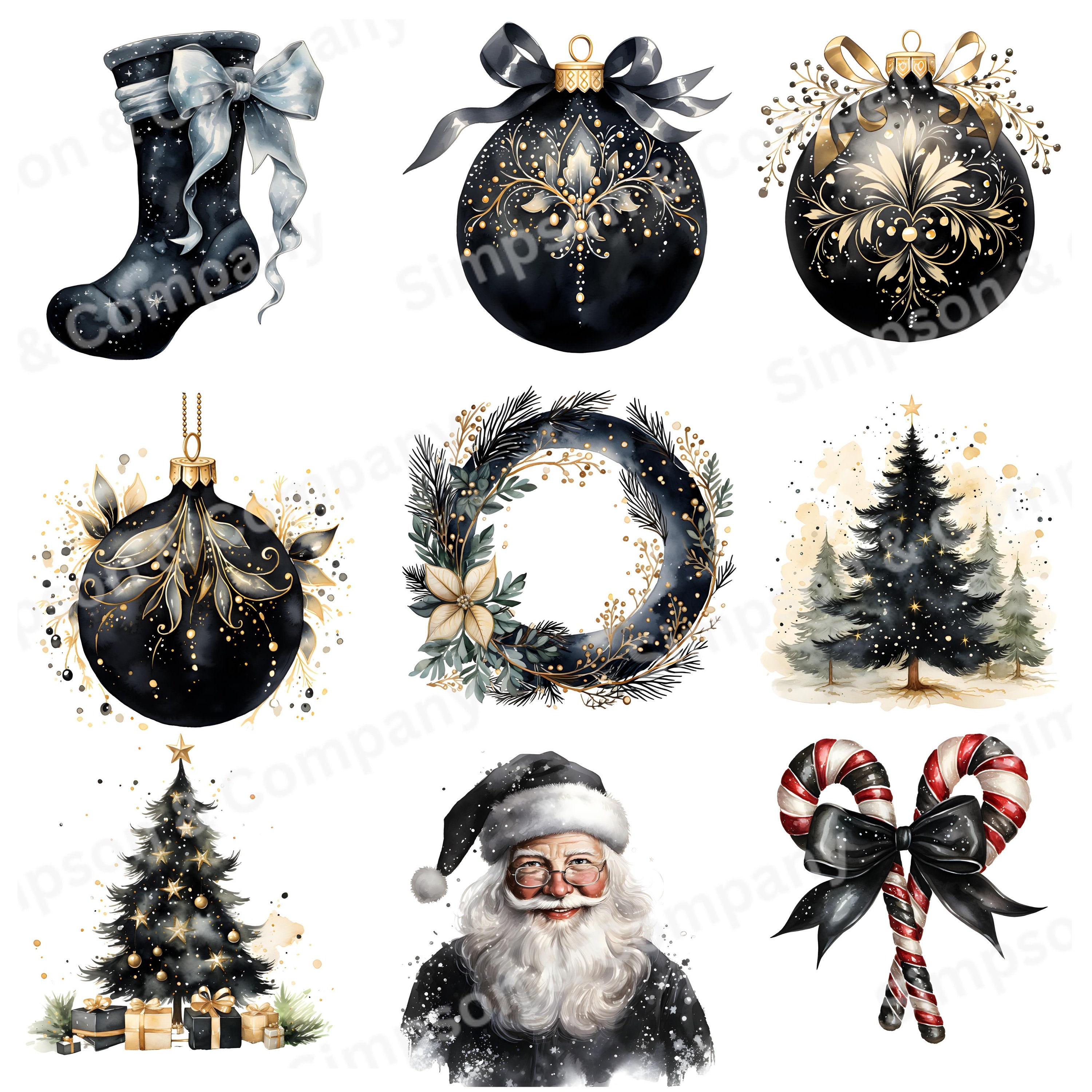 35 PNG Watercolor Black Christmas Clip Art, Christmas Clip Art, Instant ...