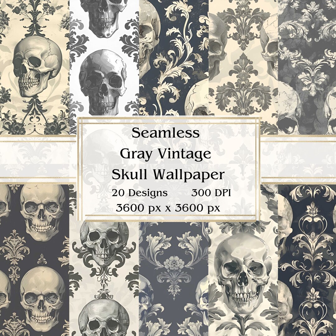 20 Gray Vintage Skull Wallpaper Seamless Digital Paper, JPEG, 12" X 12 ...