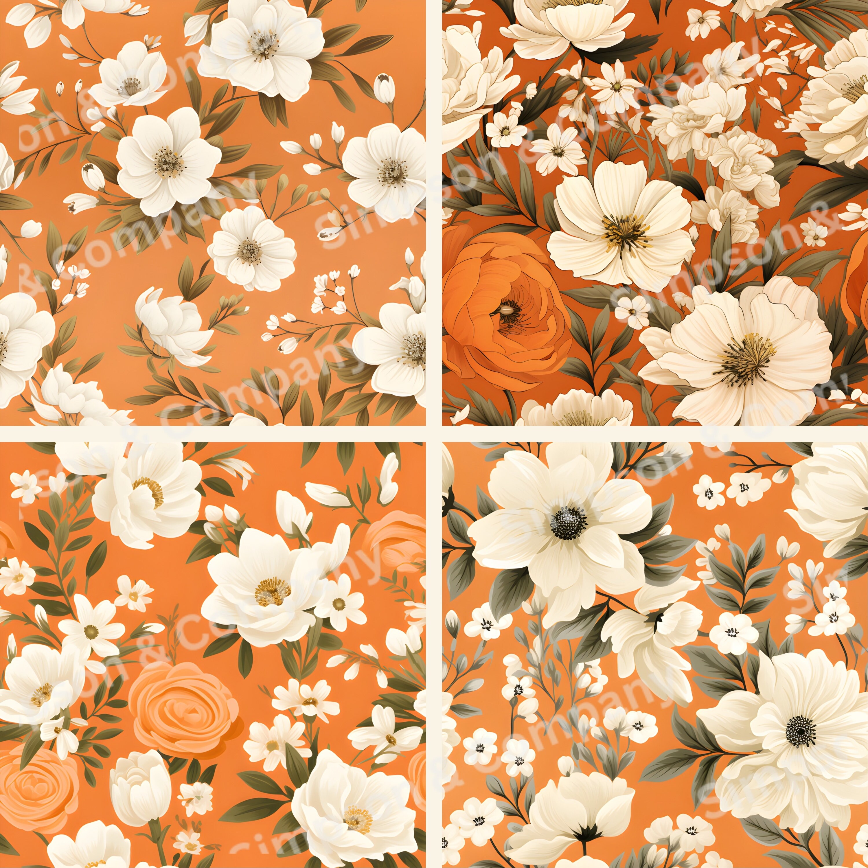 20 Farmhouse Florals Orange Digital Paper, JPEG, 12 X 12, Scrapbook ...