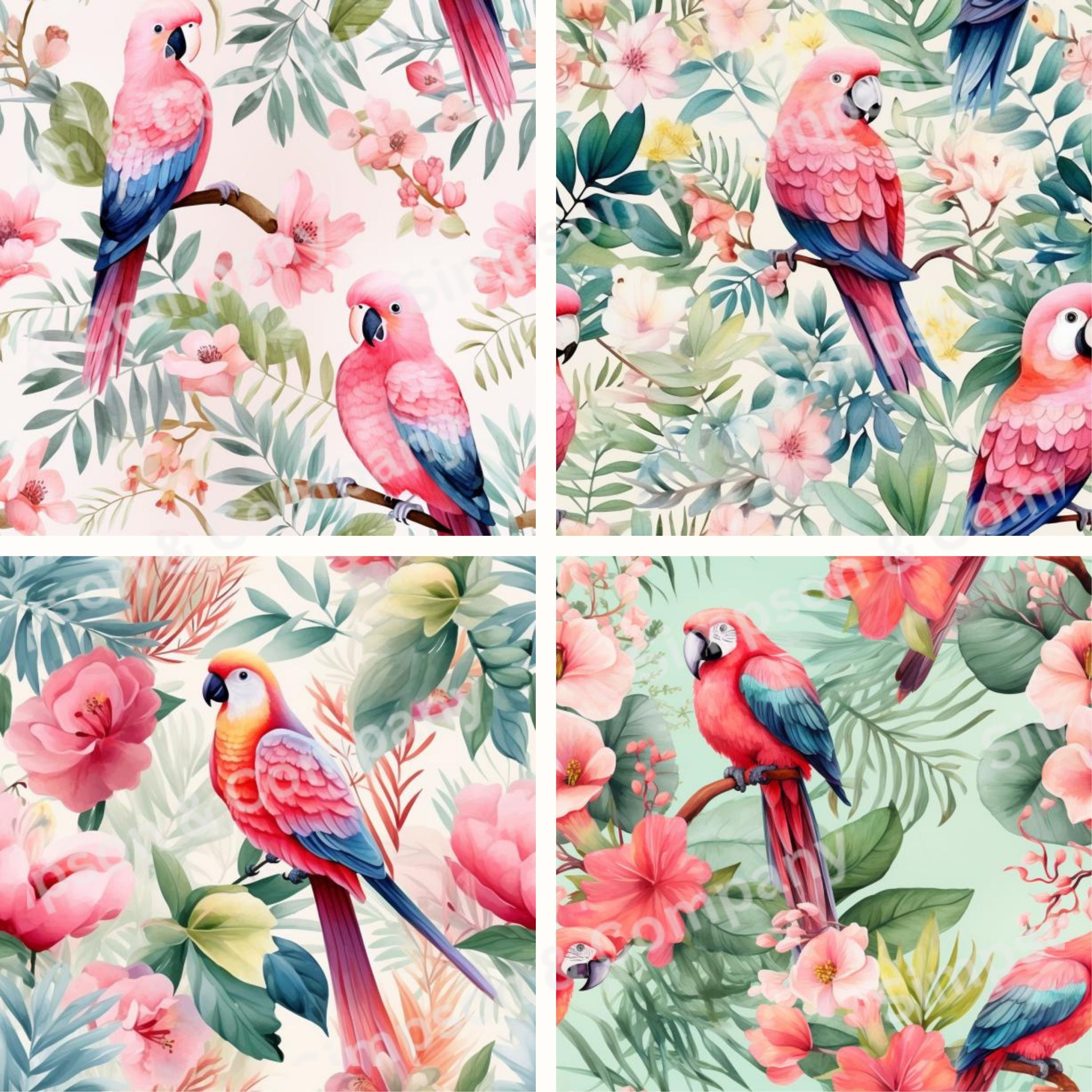 20 Tropical Birds & Leaves Seamless Digital Paper, JPEG, 12 X 12, Scrapbook Paper, Junk Journal ...