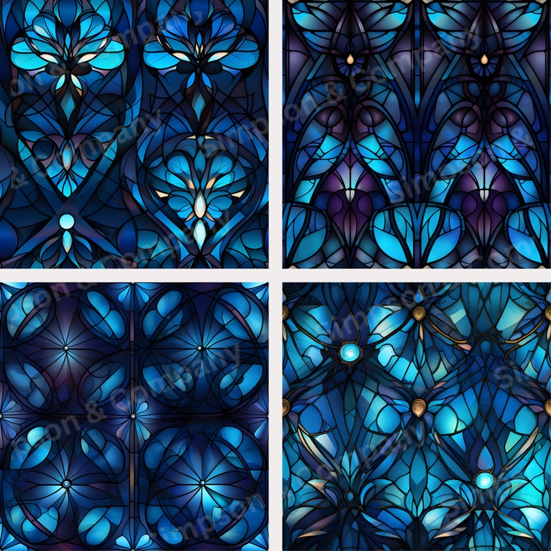 20 Dark Blue Stained Glass Digital Papers, JPEG, 12 X 12, Scrapbook ...