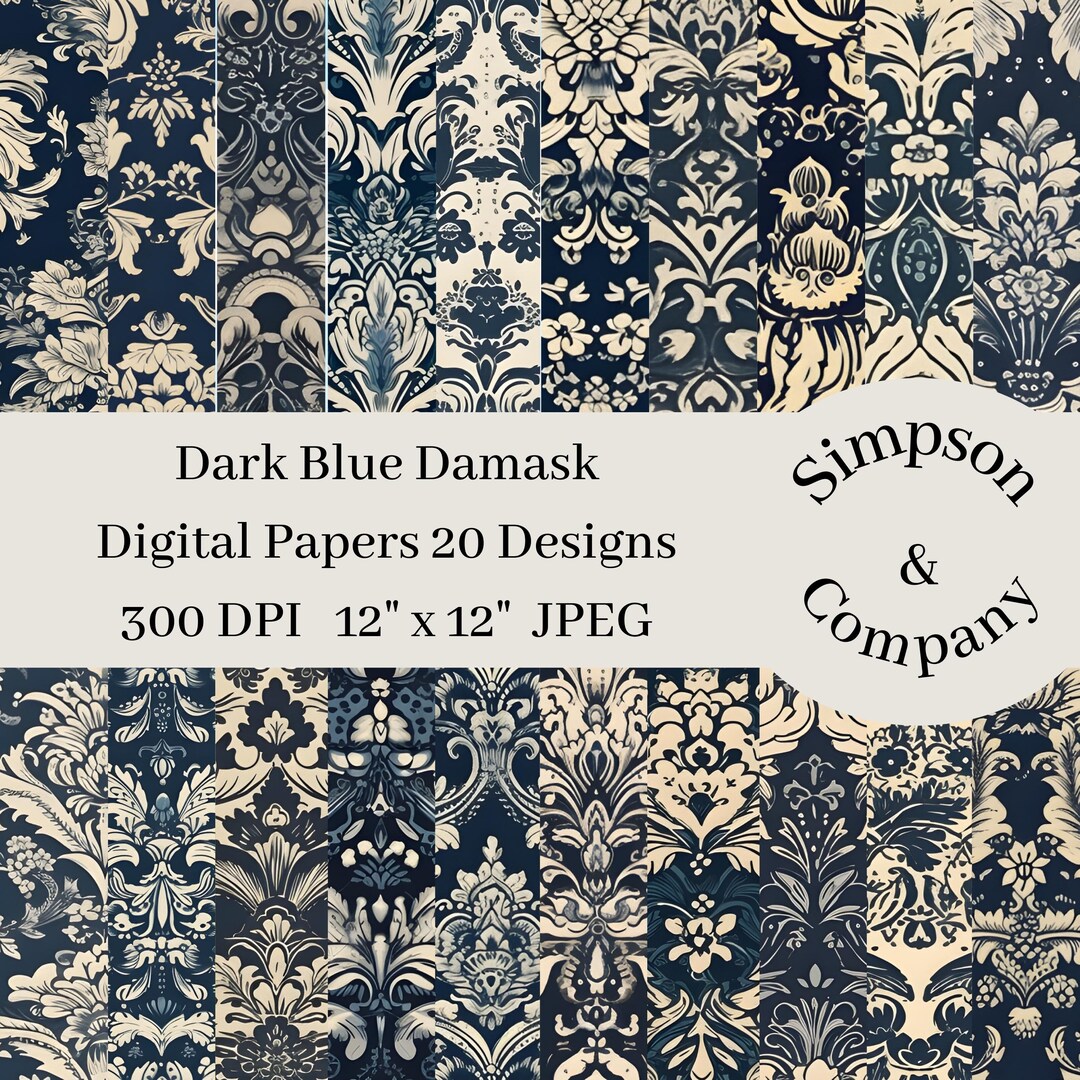 20 Dark Blue Damask Digital Paper, Victorian Digital Paper Pack, JPEG ...